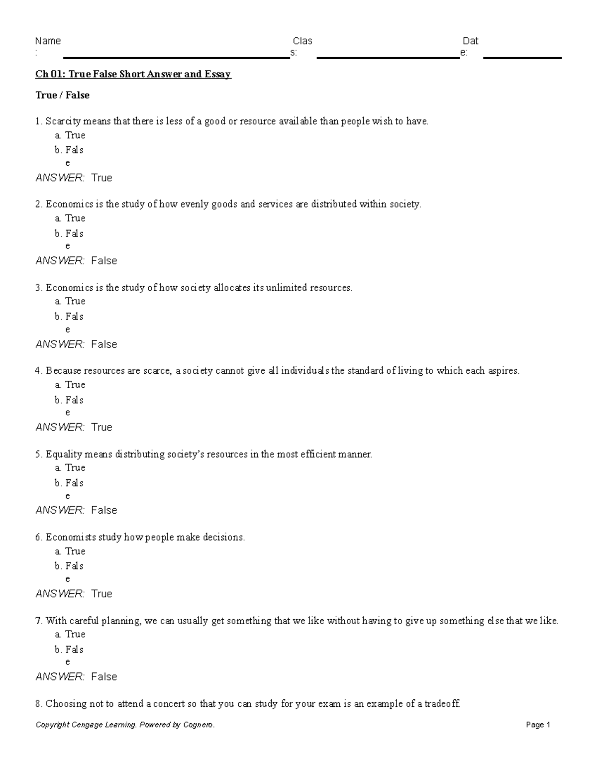 Ten principles of Economics - : s: e: Ch 01: True False Short Answer ...