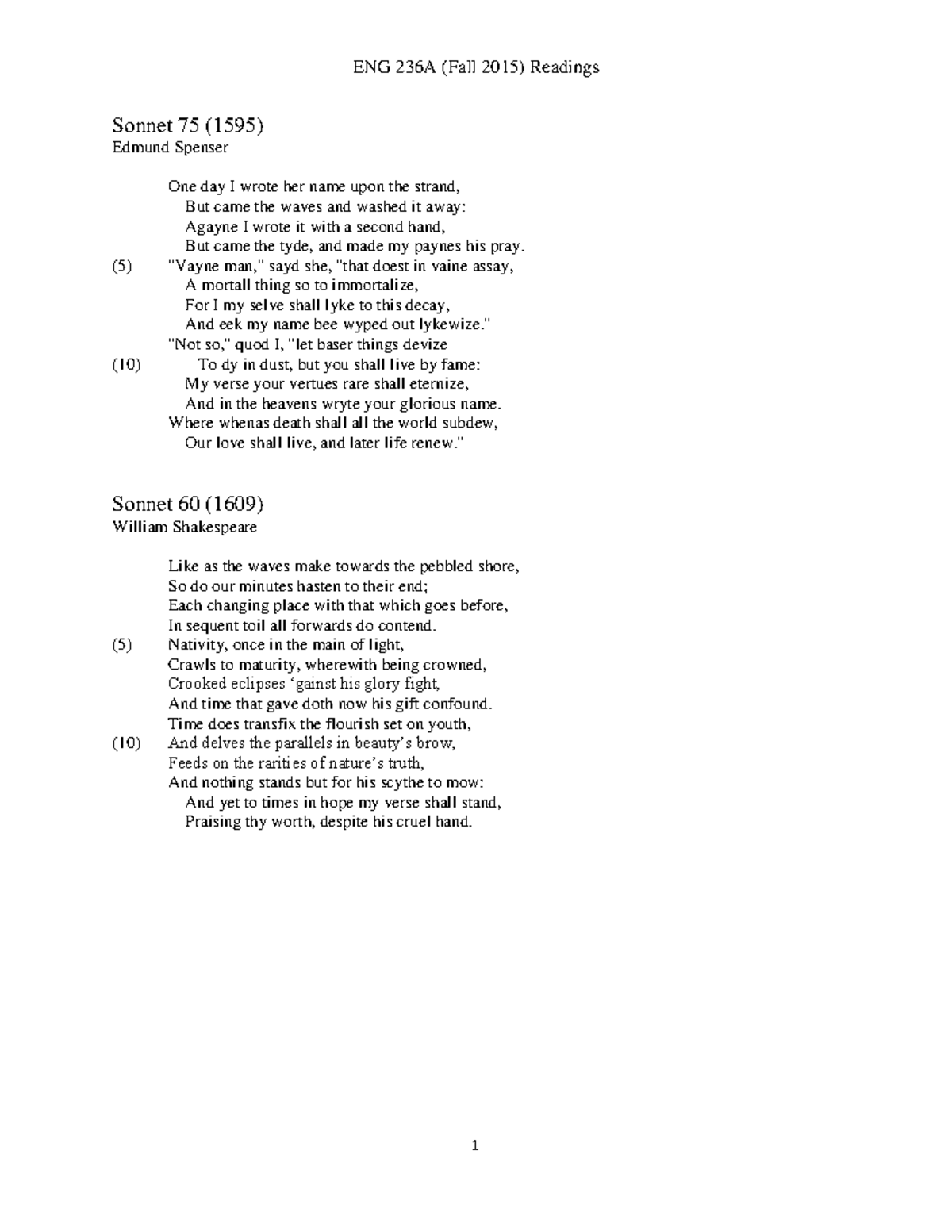 Sonnet 75 - Readings - ENG 236A (Fall 2015) Readings 1 Sonnet 75 (1595 ...