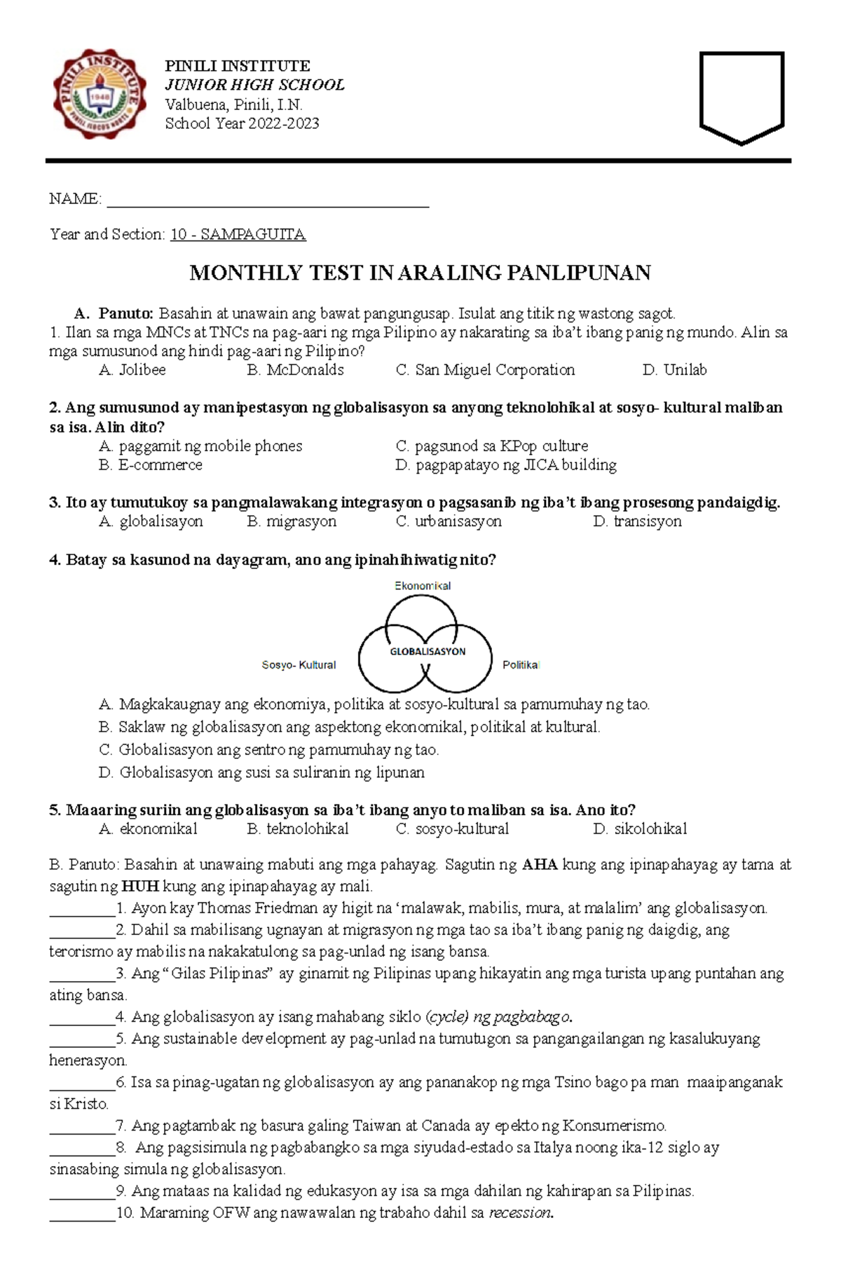 AP 10 Monthly Exam - Araling Panlipunan 2nd Quarter, Krimen. - PINILI ...
