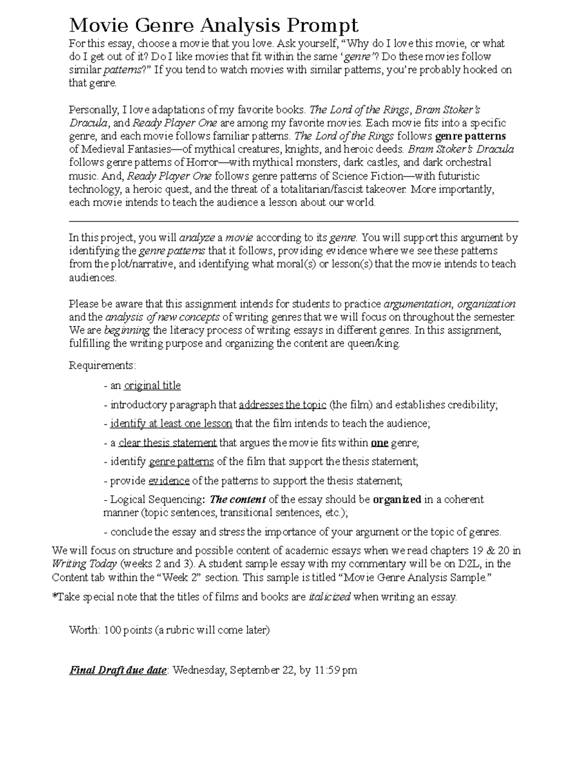 Movie Genre Analysis Prompt - Ask yourself, “Why do I love this movie ...