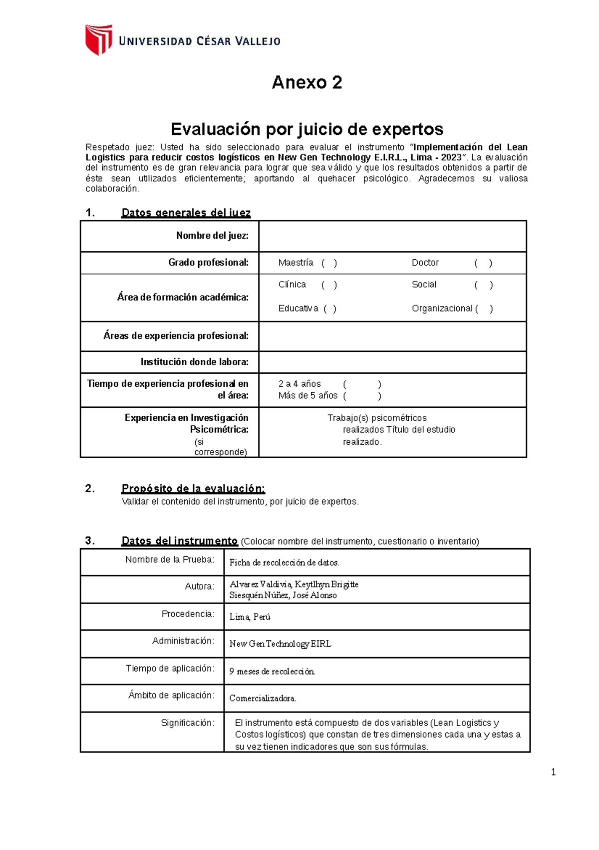 Validación DE Instrumentos A Través DE Juicio DE Experto- Modelo ...