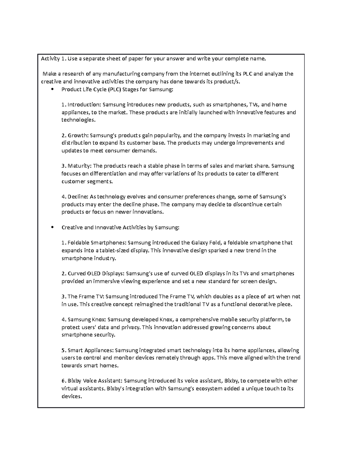 operational management - Activity 1. Use a separate sheet of paper for ...