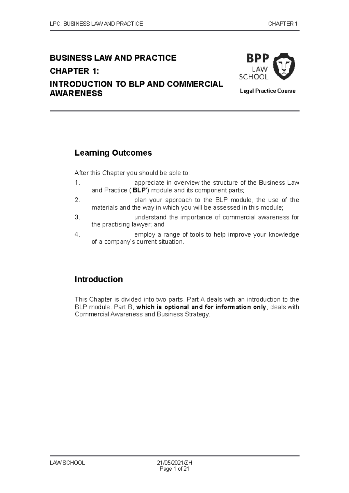 BLP Chapter 1 2022-23 - LPC: BUSINESS LAW AND PRACTICE CHAPTER 1 ...