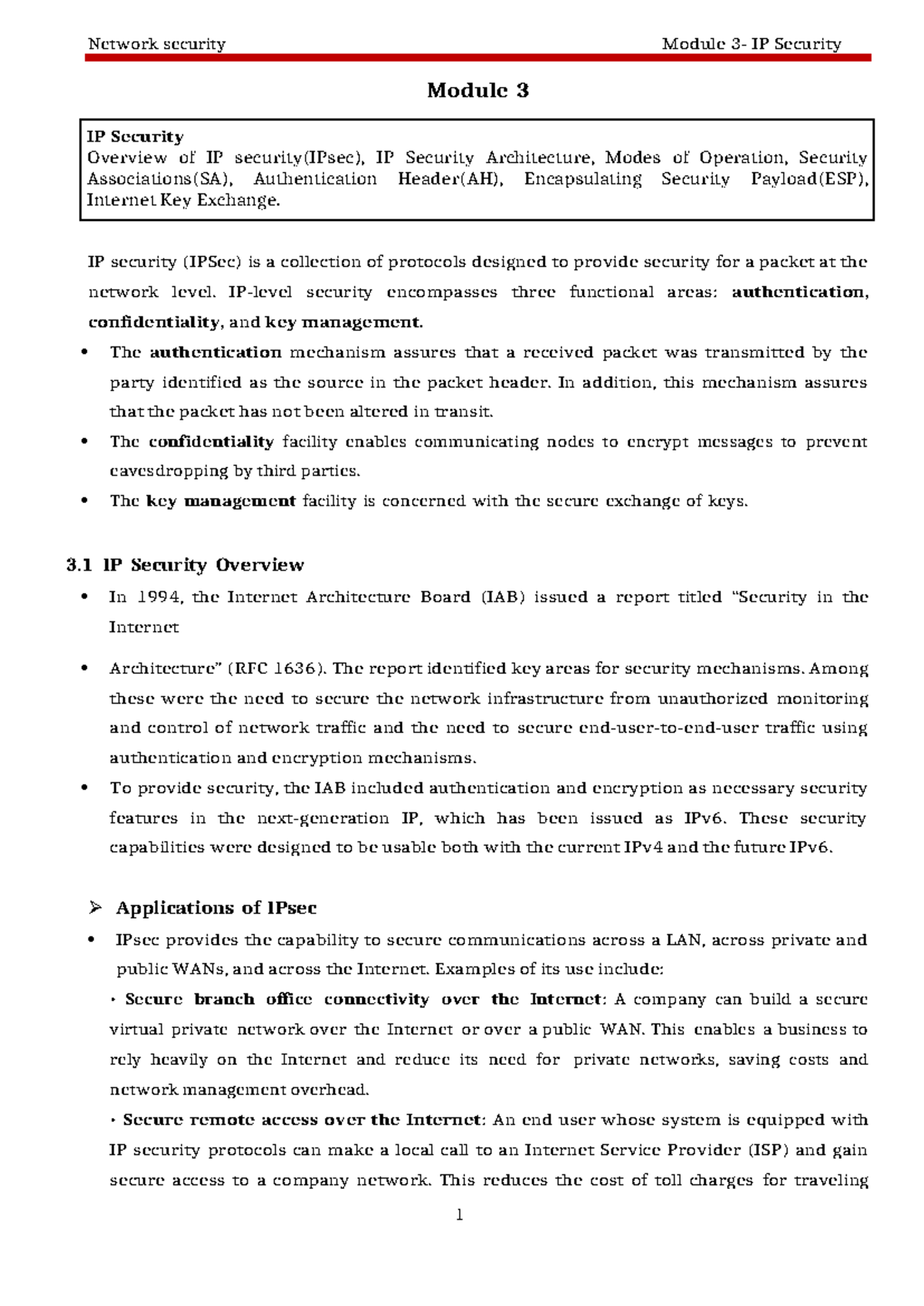 Module 3- IP security - Module 3 IP security (IPSec) is a collection of protocols designed to ...