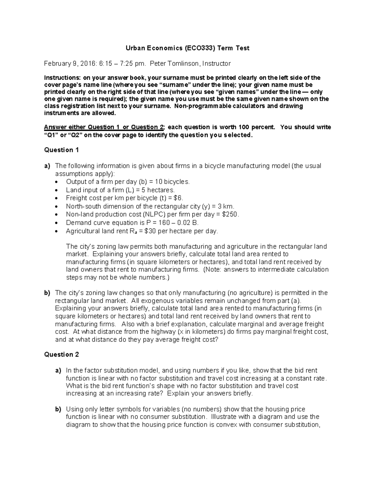 Exam February 2016, questions and answers - Urban Economics (ECO333 ...