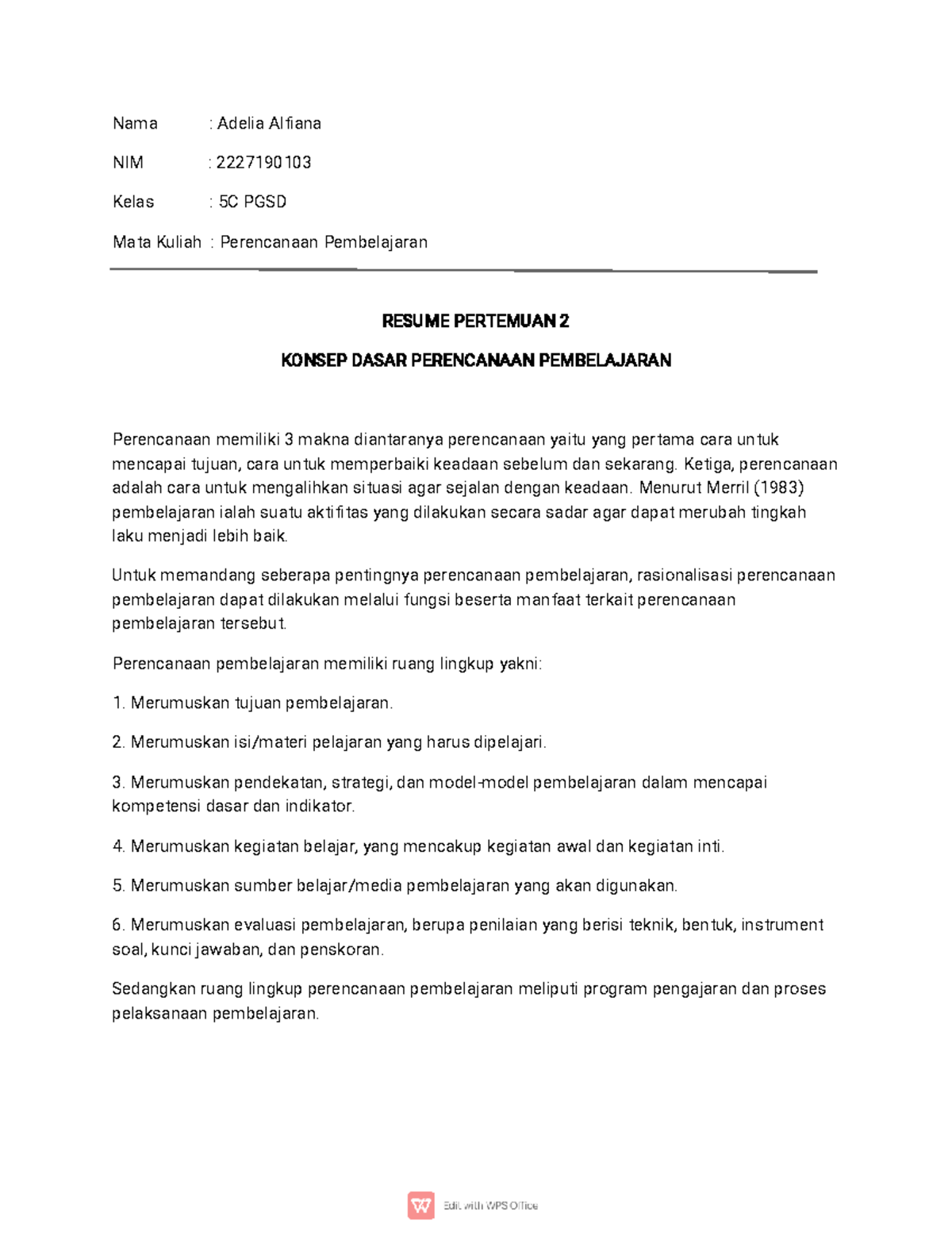 28 Resume Perencanaan Pembelajaran SD - Nama : Adelia Alfiana NIM ...