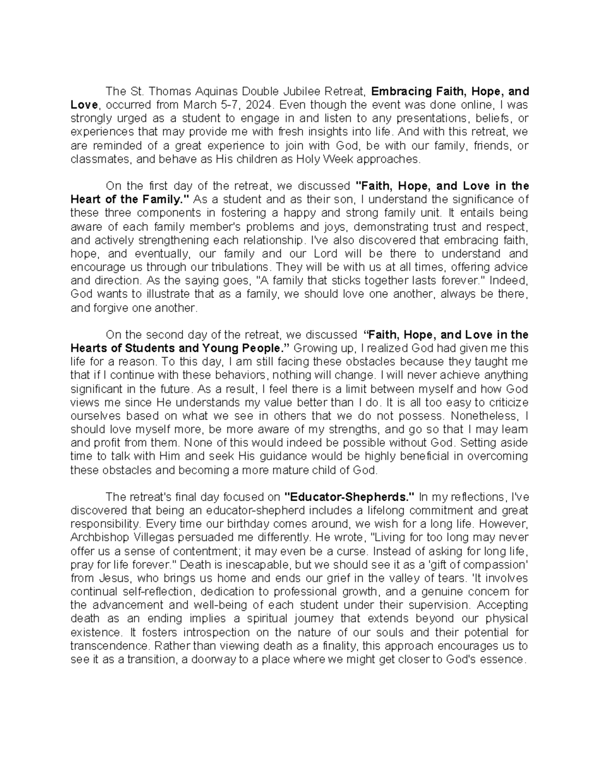Retreat reflection - The St. Thomas Aquinas Double Jubilee Retreat ...