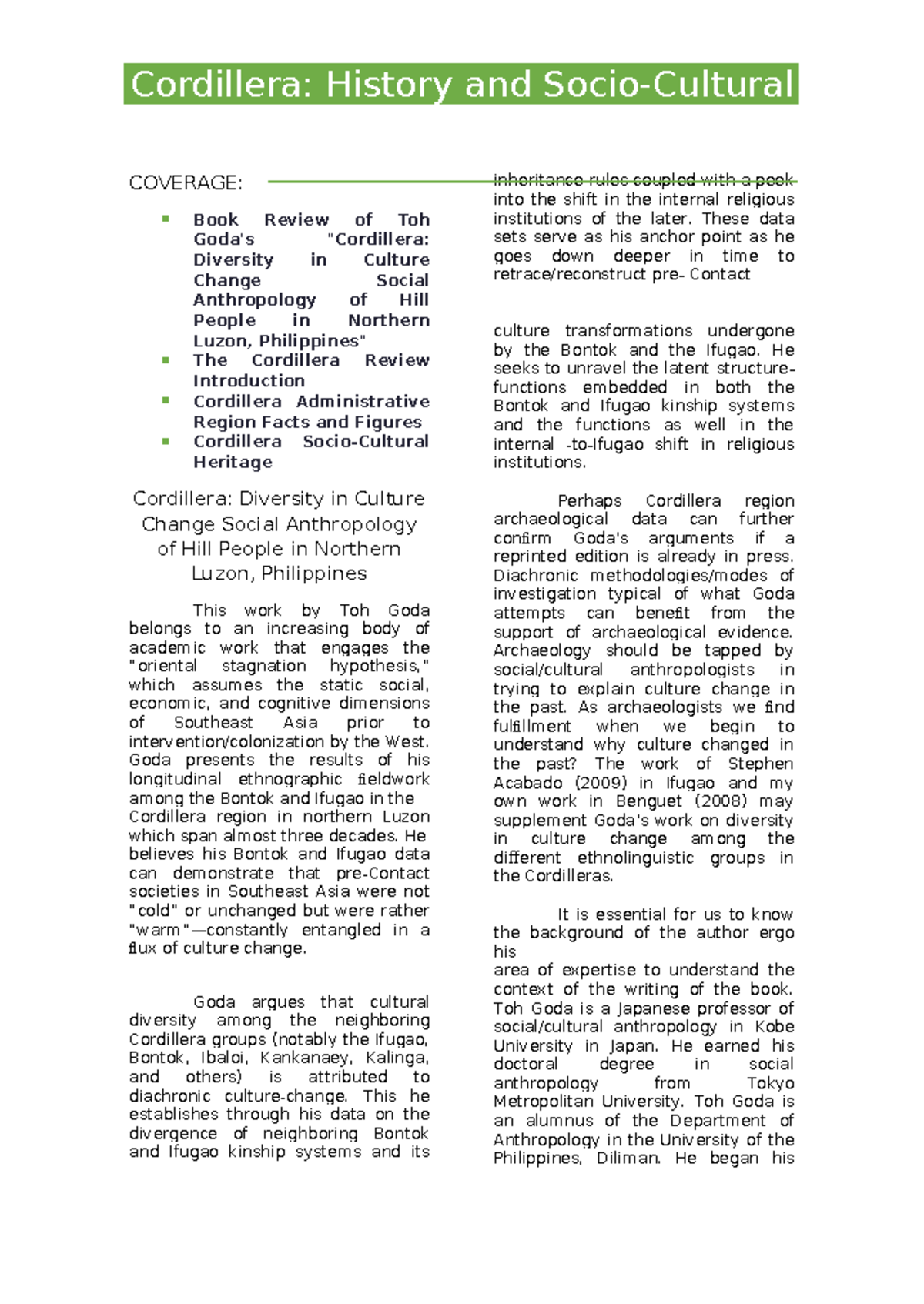 Cordillera: History and Socio-Cultural Heritage - Heritage COVERAGE ...