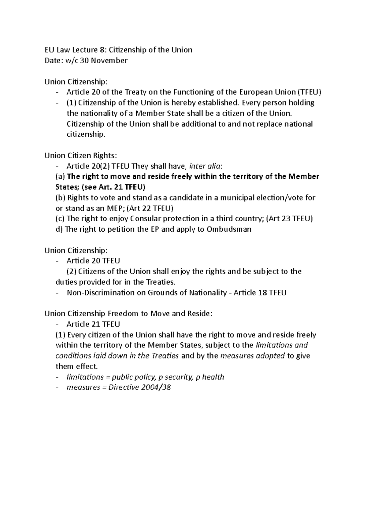 EU Law Lecture 8: Citizenship of the Union - Studocu