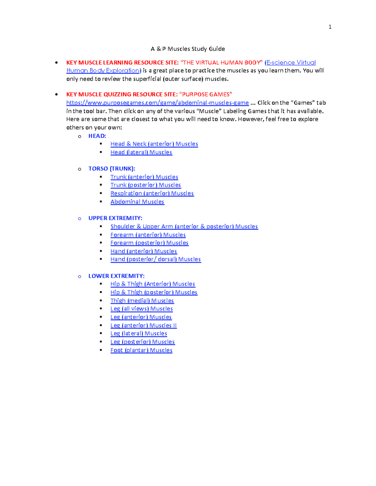 Muscle Anatomy Condensed Study Guide - A & P Muscles Study Guide KEY ...