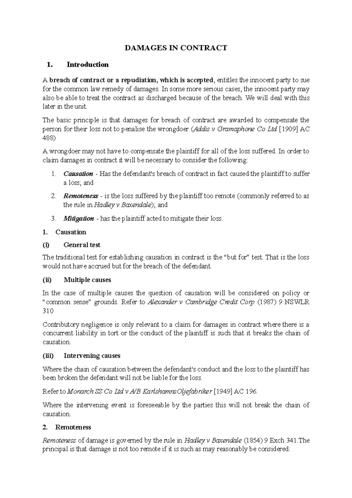 Damages in contract - notes - DAMAGES IN CONTRACT 1. Introduction A ...