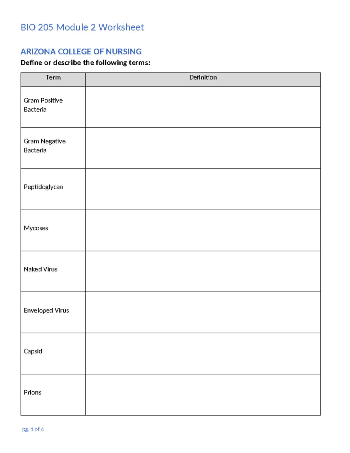 BIO 205 Module 2 Worksheet - ARIZONA COLLEGE OF NURSING Define or ...
