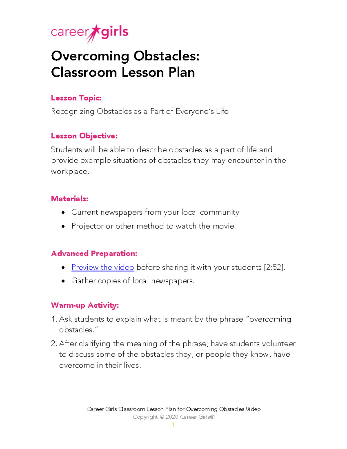 Overcoming Obstacles Empowerment Lesson Classroom Lesson Plan - Career ...