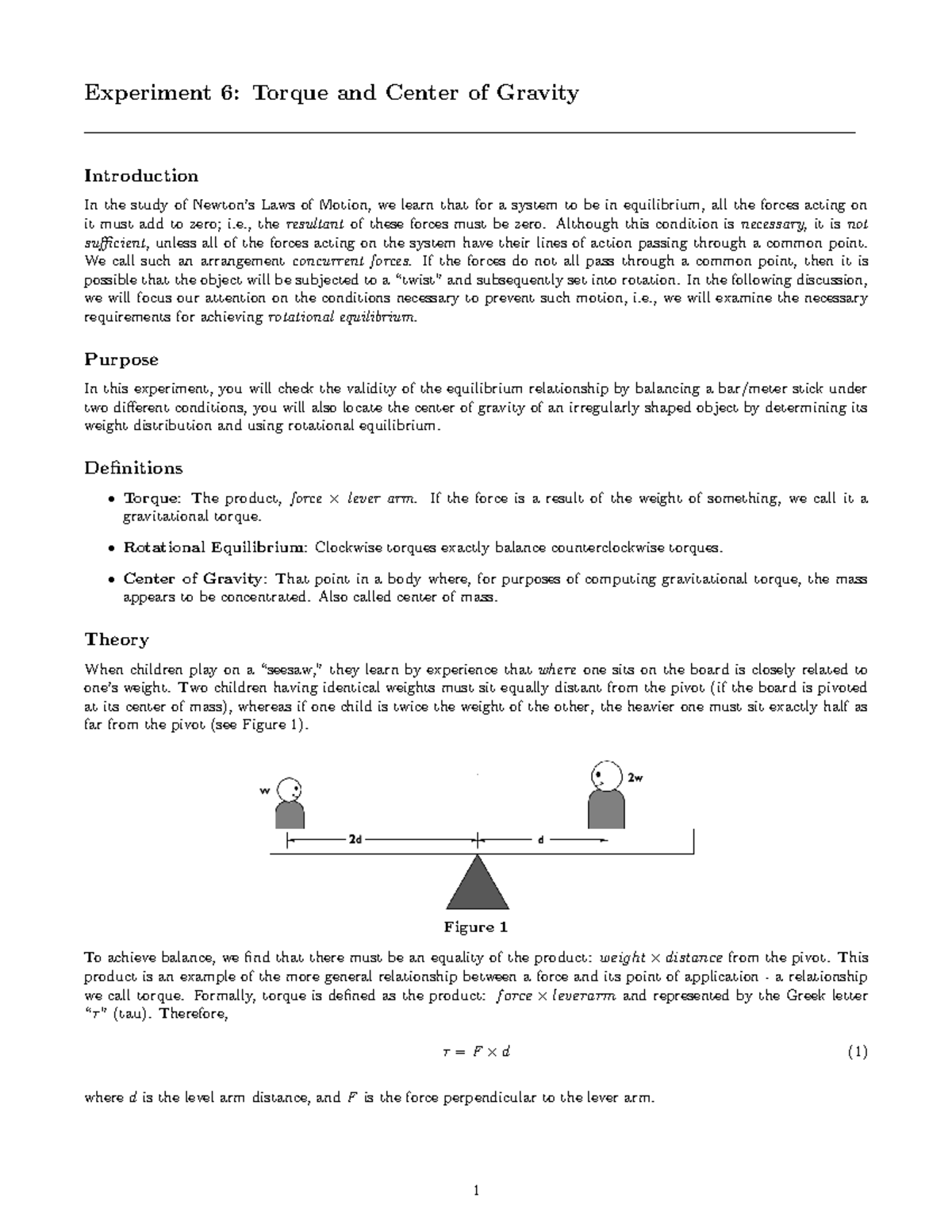 1430 Lab Manual - Experiment 6: Torque and Center of Gravity ...