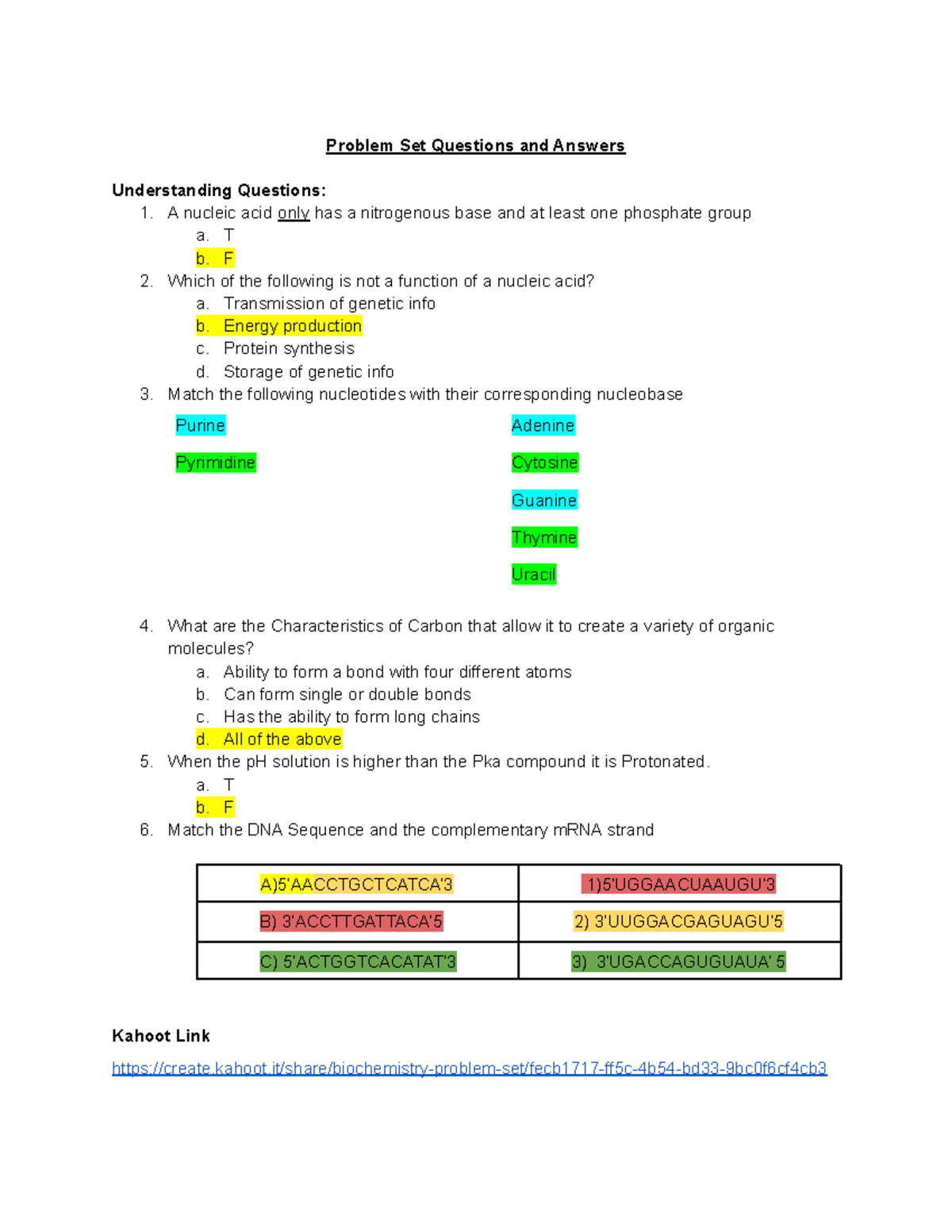 Biochemistry I Tutorial Problem Set and Solutions Nucleotides and ...