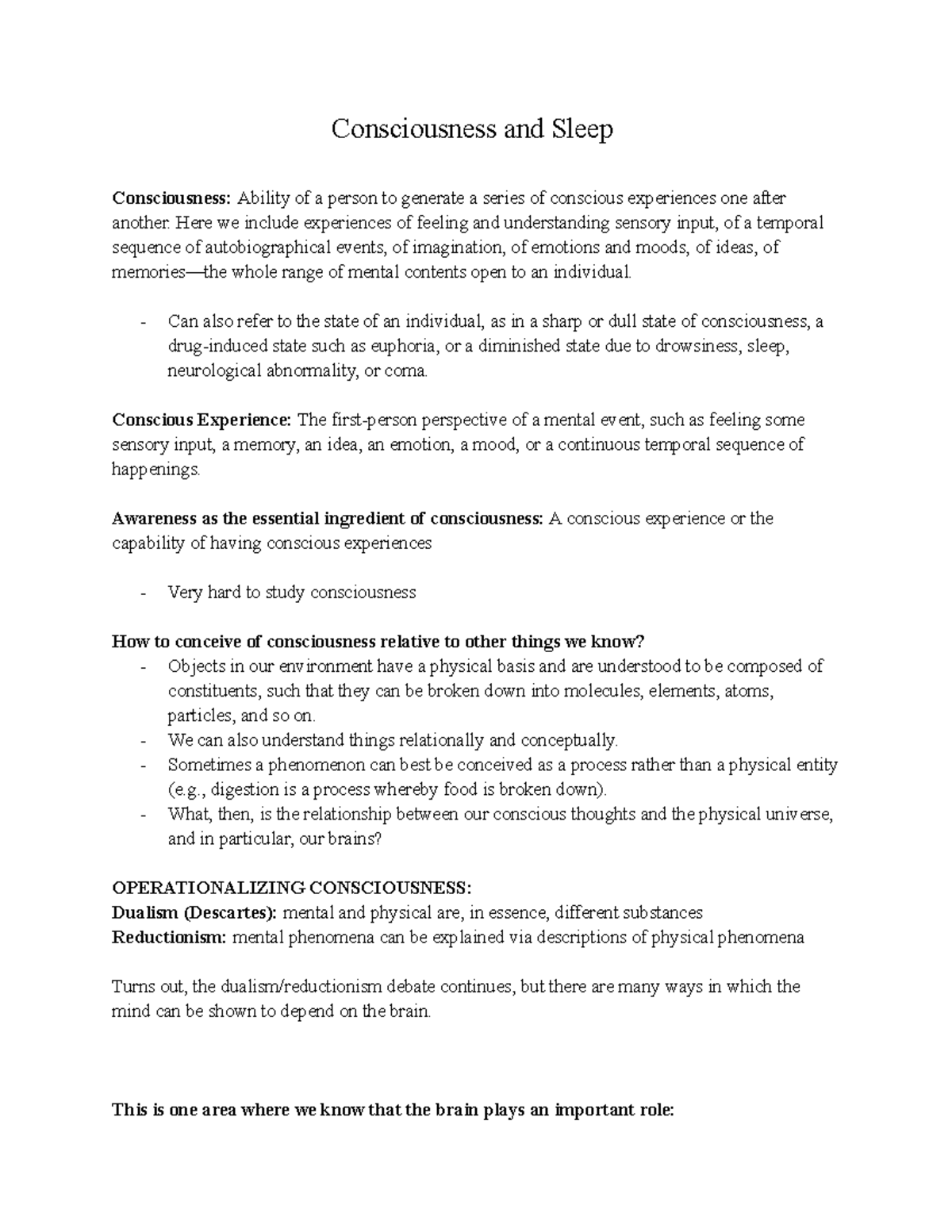 Consciousness and Sleep - psyc100 - queensu - Studocu