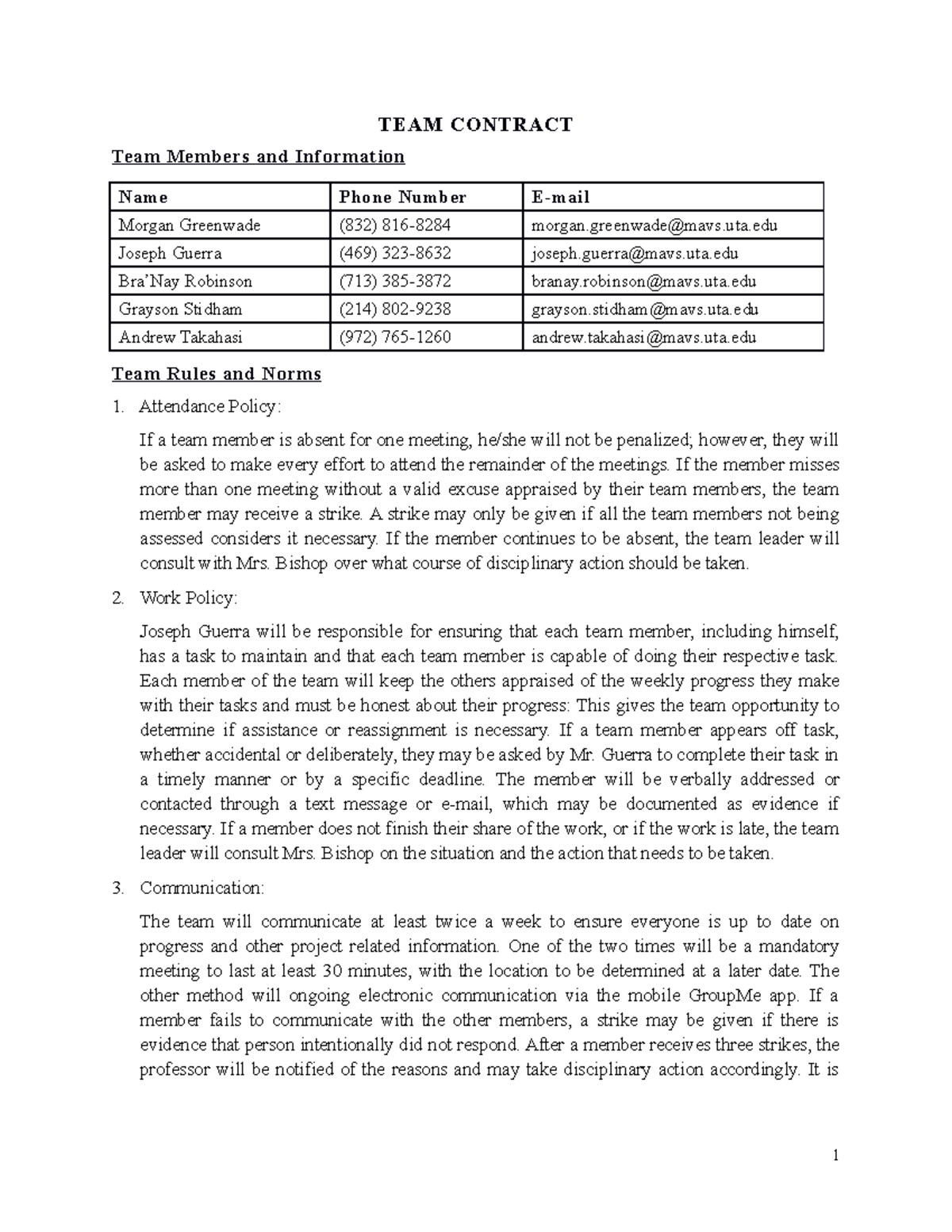 Team Contract Assignment - TEAM CONTRACT Team Members and Information ...