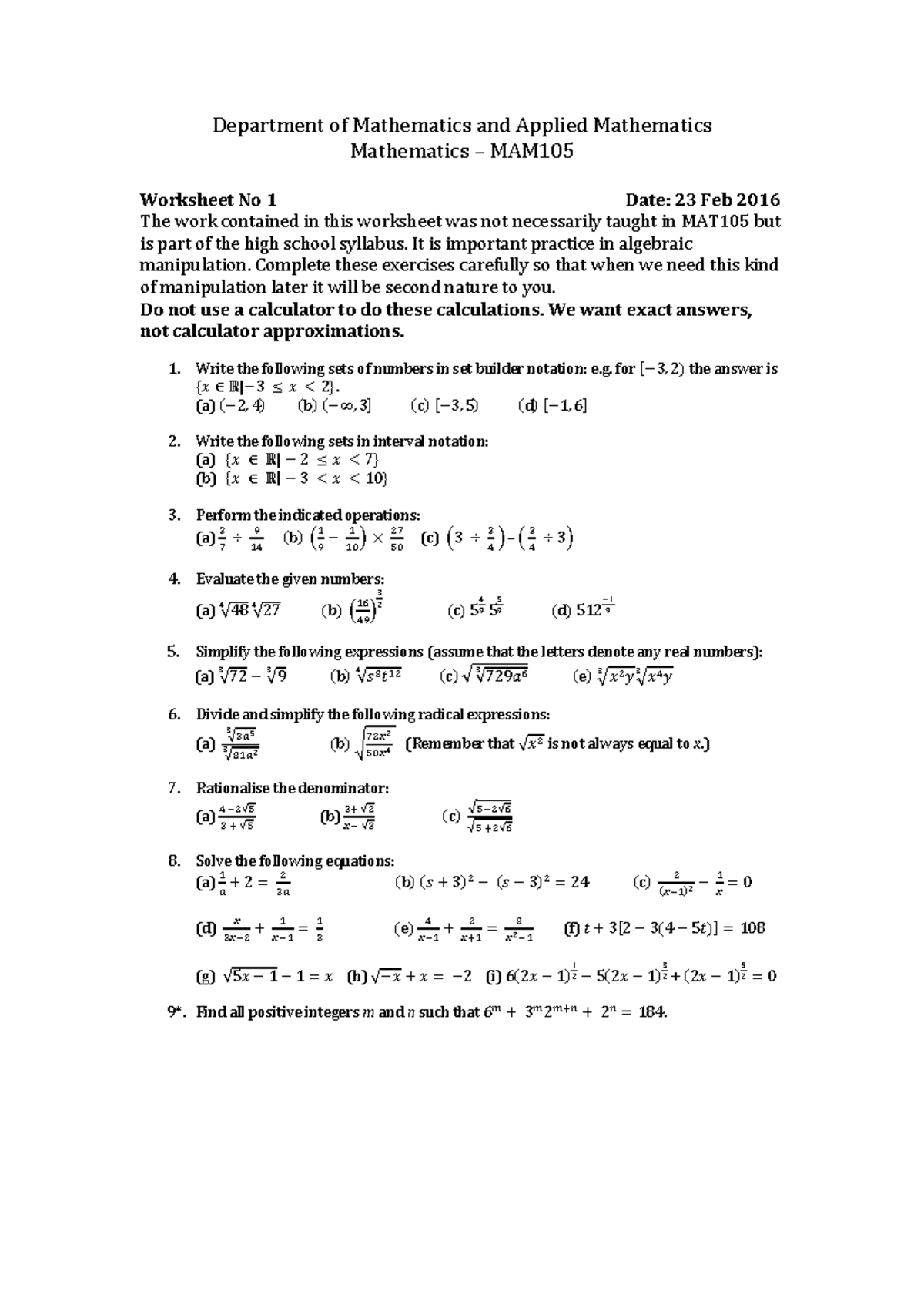 Mathematics MAM2004H Department Of Mathematics And Applied