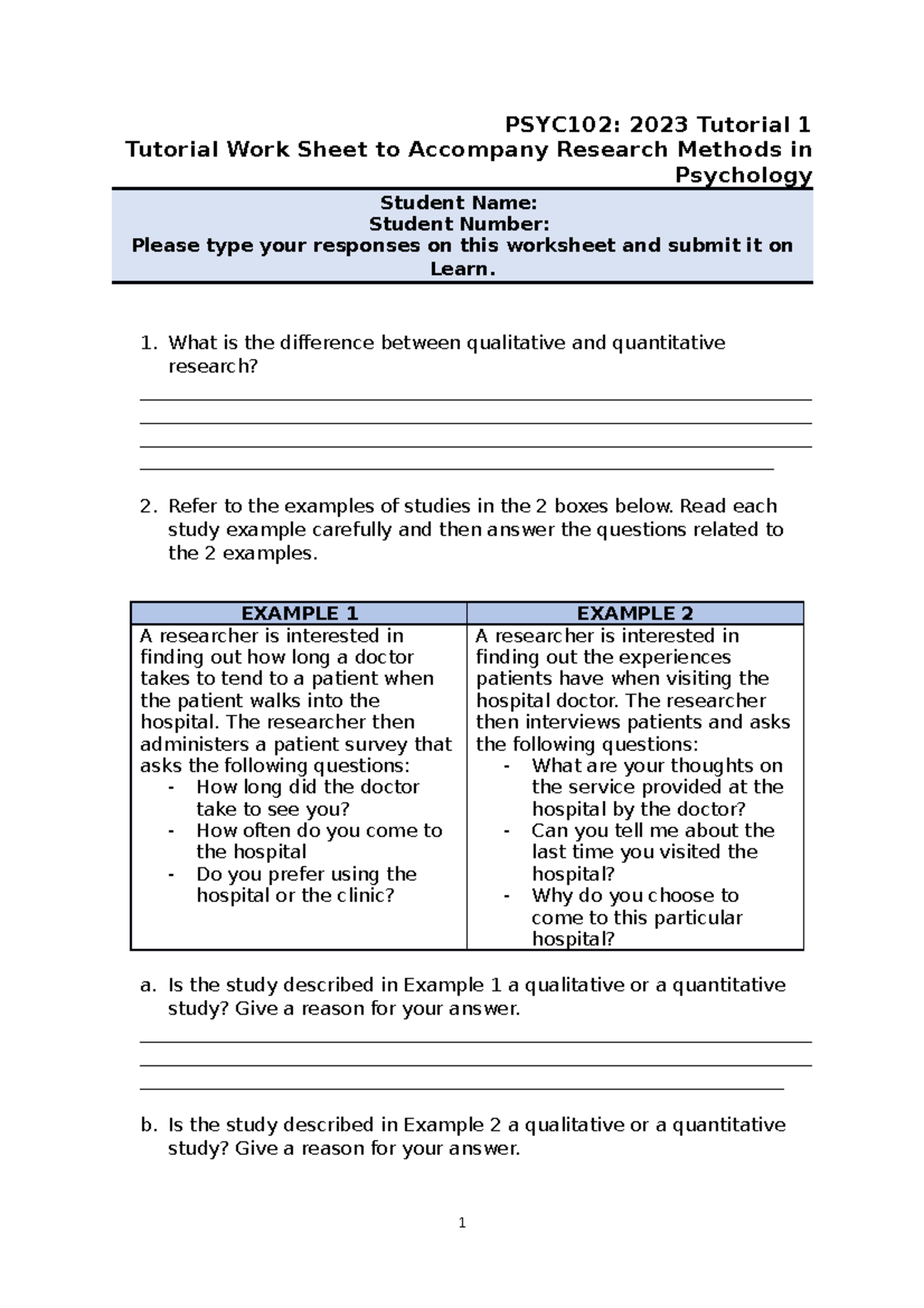 Tutorial Activty 1 Research Methods in Psychology - PSYC102: 2023 ...