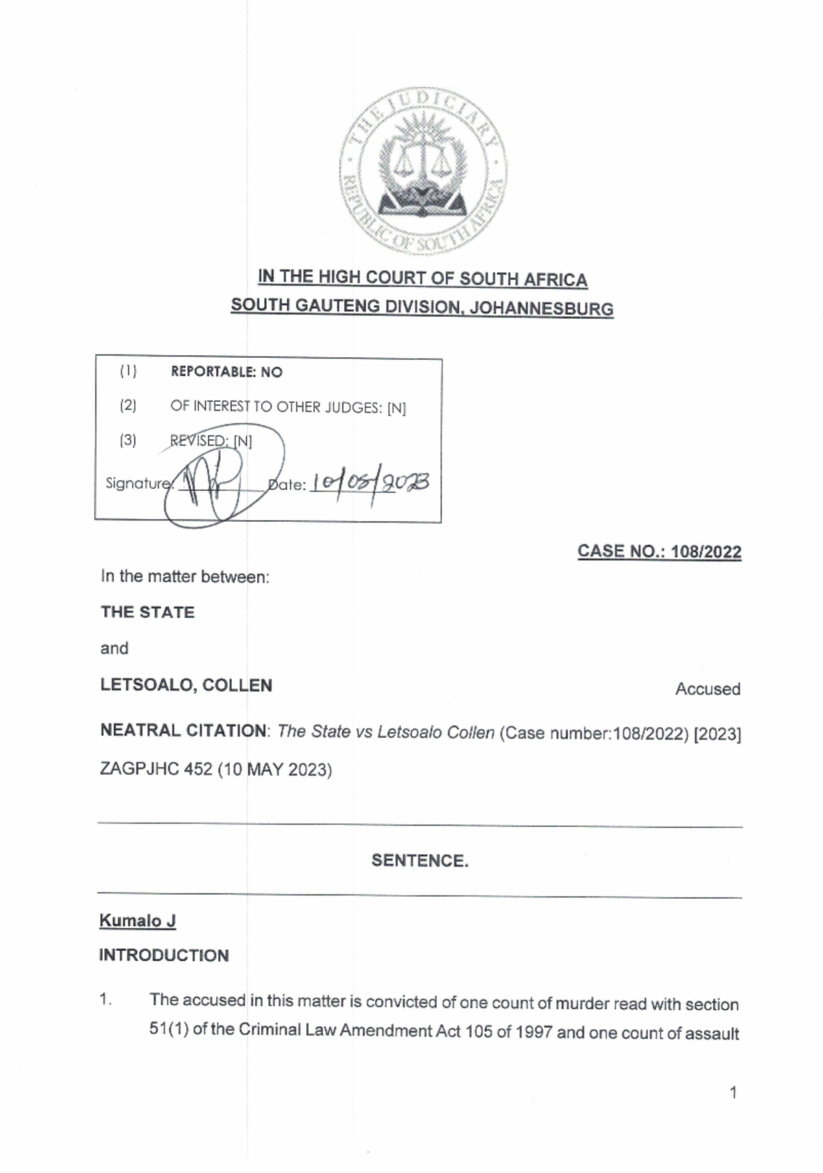 S v Letsoalo 2023 - Case - LCP202 - Studocu