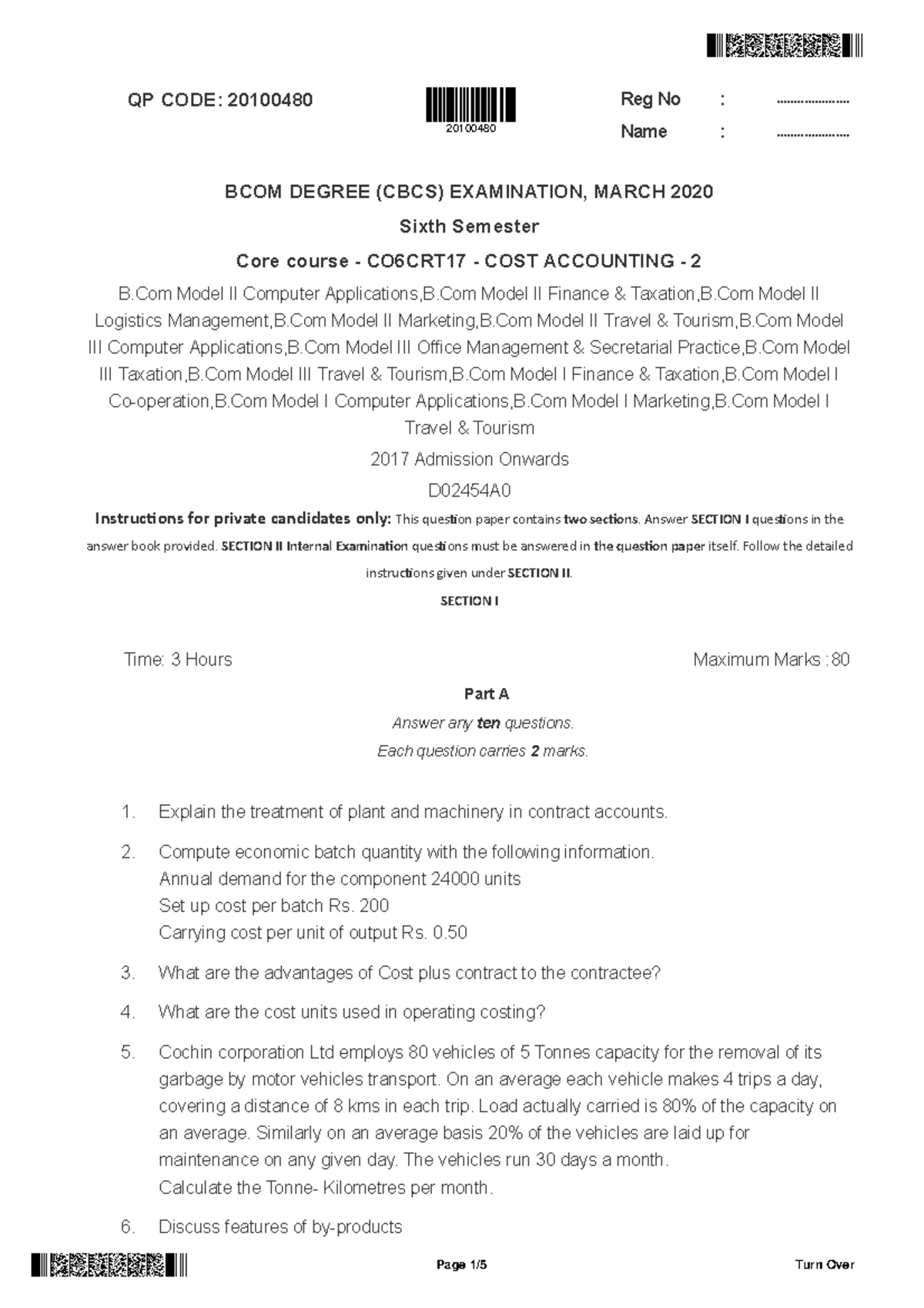 COST Accounting 2 2020 min - QP CODE: 20100480 Reg No : ..................... Name : - Studocu