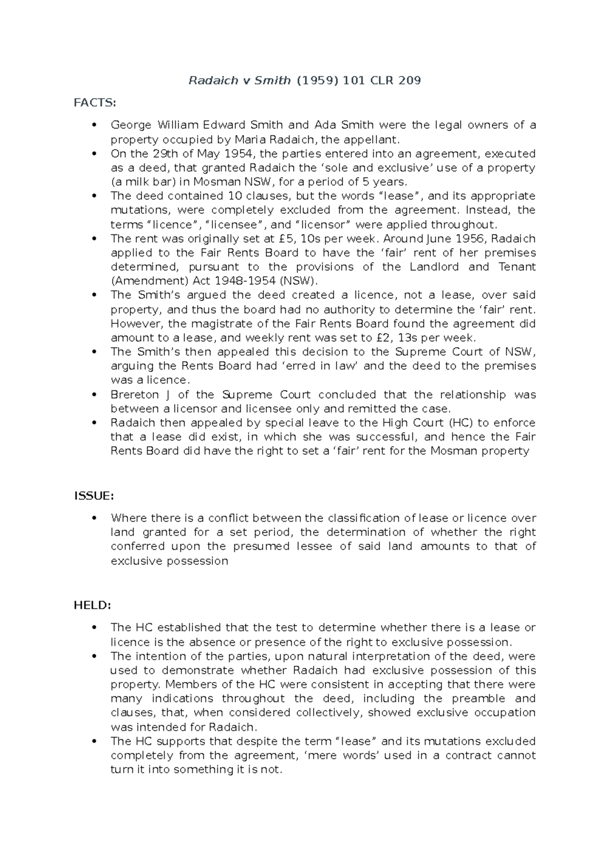 Wk 7 - Case Readings - case summaries - Radaich v Smith (1959) 101 CLR 209 FACTS: George William ...