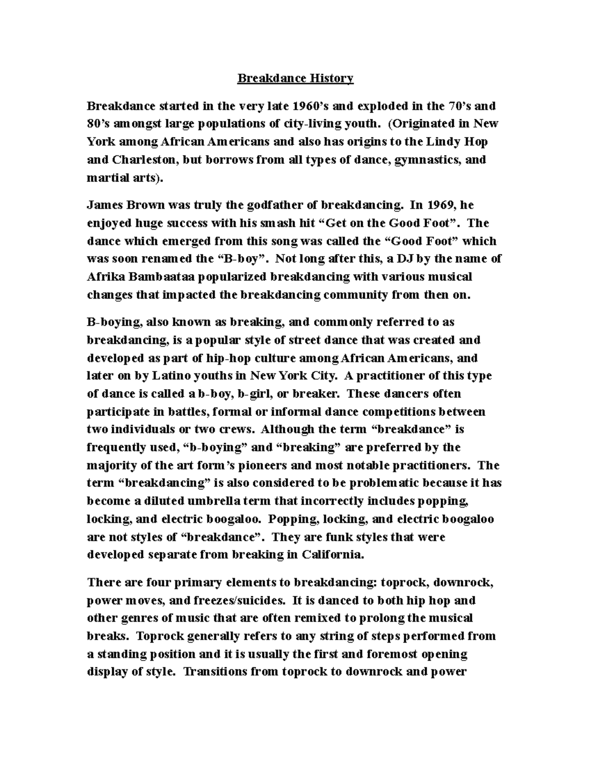 Breakdance History Handout - Breakdance History Breakdance started in ...