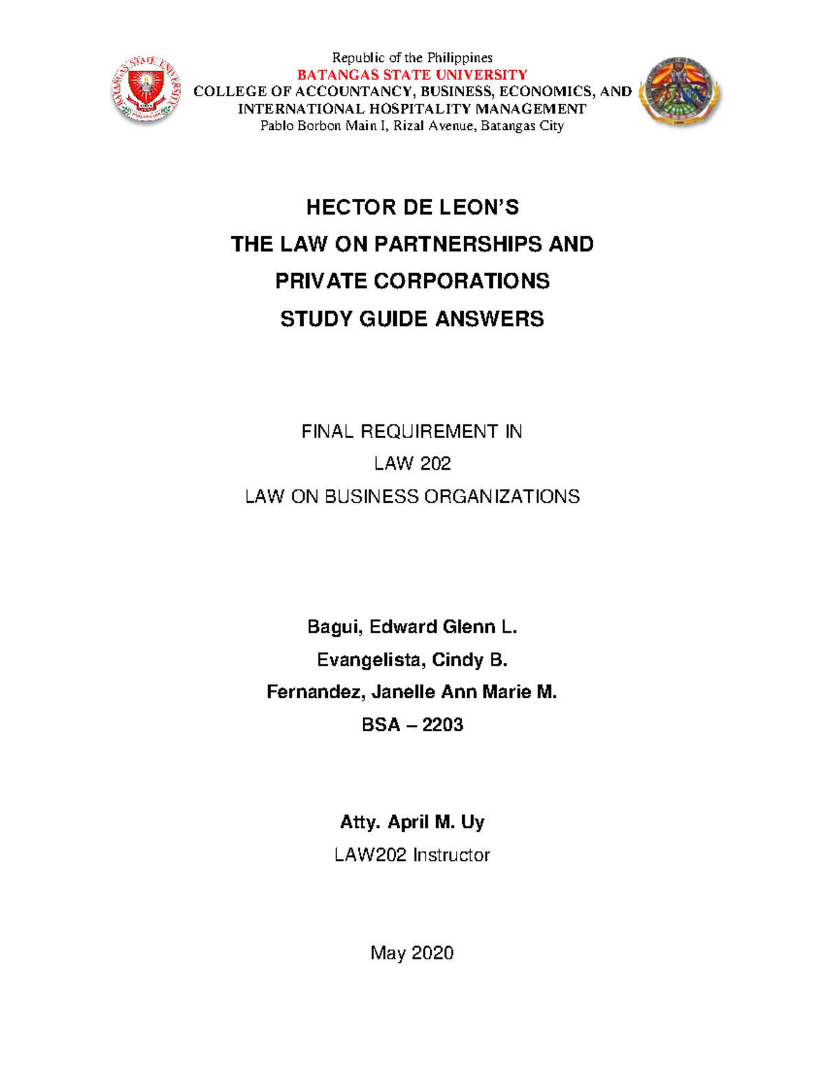 Pdfcoffee - Lectures on Law - BATANGAS STATE UNIVERSITY COLLEGE OF ACCOUNTANCY, BUSINESS ...