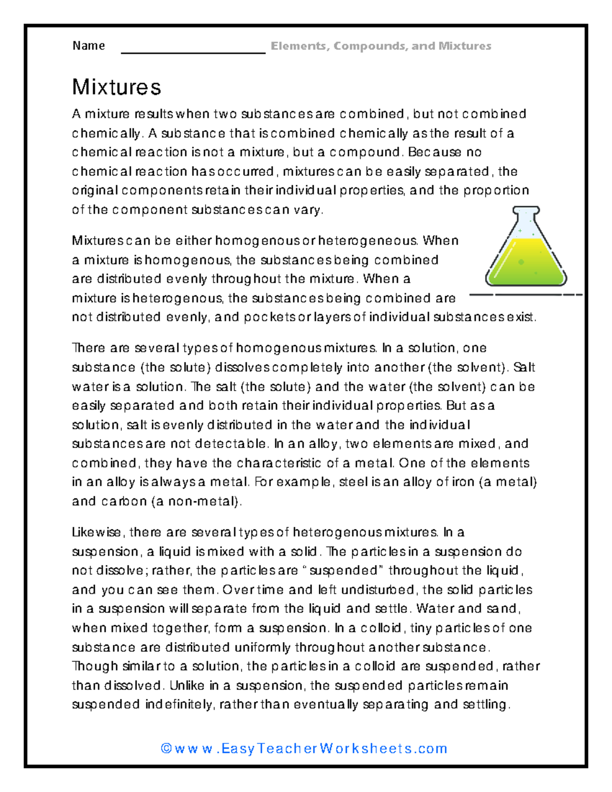 Mixtures - reading - Name Elements, Compounds, and Mixtures © w w w .Ea ...