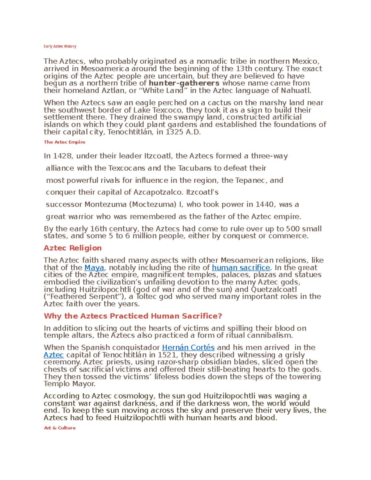 Citit eng - English - Early Aztec History The Aztecs, who probably ...