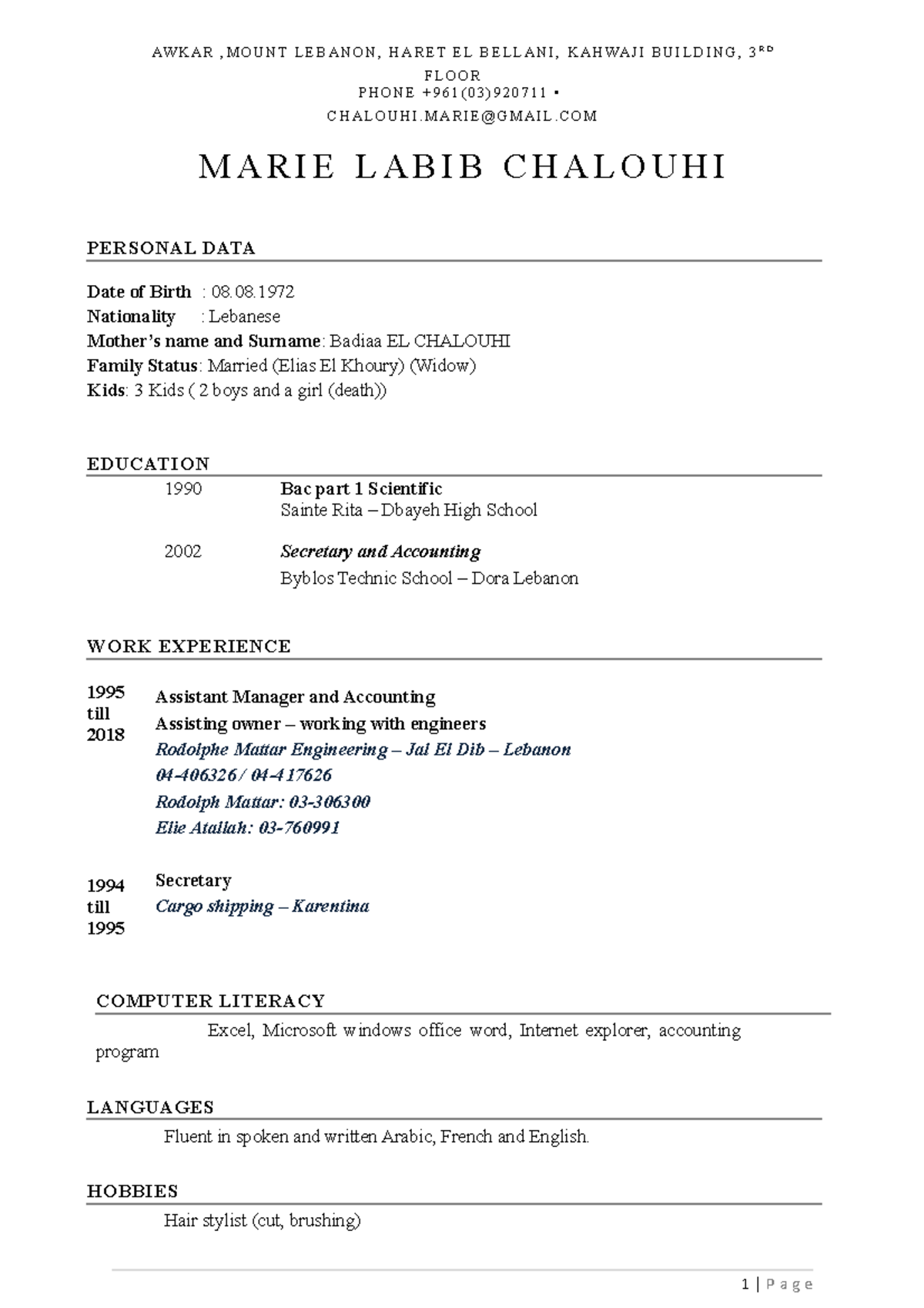 Cv marie chalouhi - defr - AW K A R , M O U N T L E B A N O N , H A R E T E L B E L L A N I , K ...