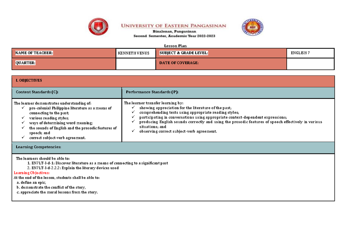 biag ni lam ang - Lesson Plan NAME OF TEACHER: KENNETH VENUS SUBJECT ...