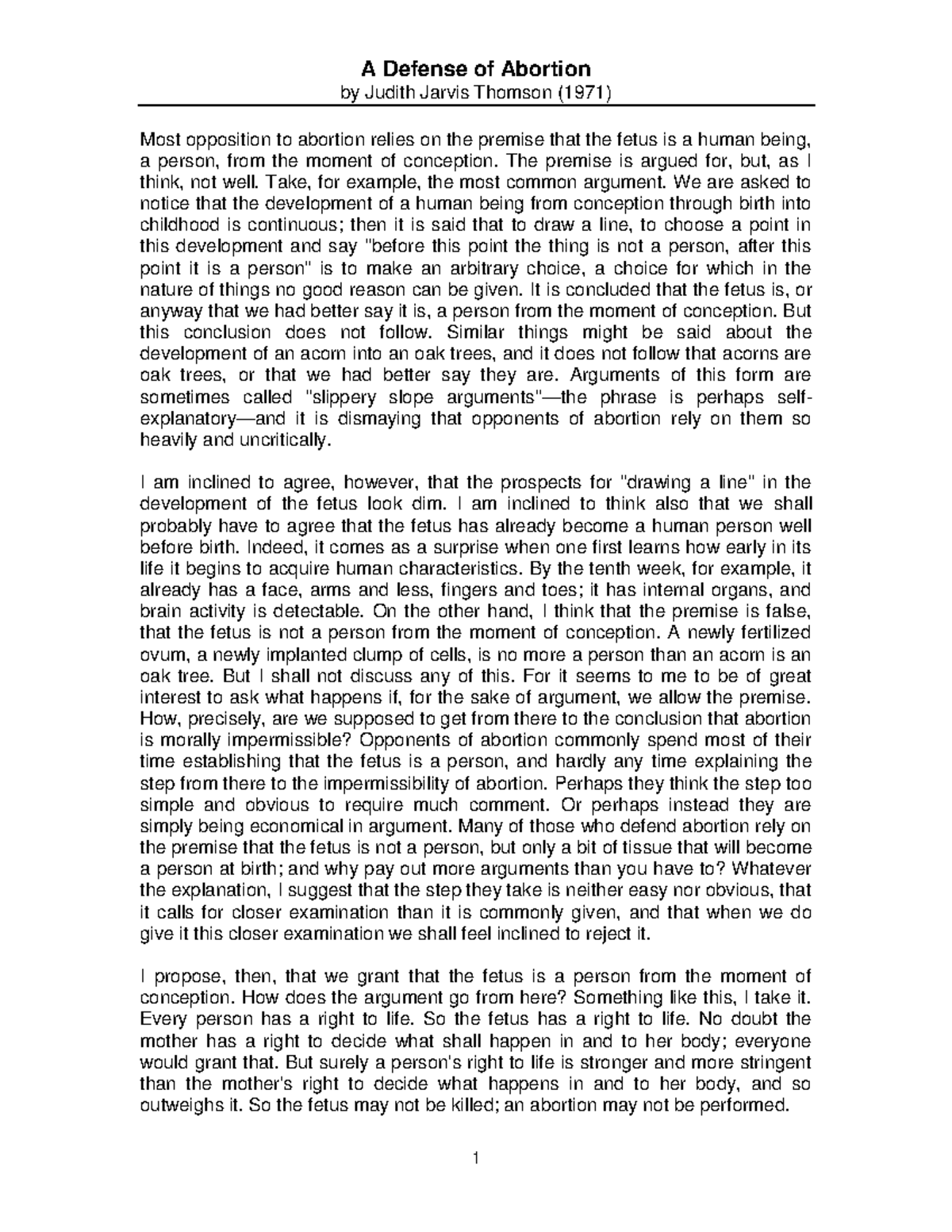 Thomson - exam material - A Defense of Abortion by Judith Jarvis ...