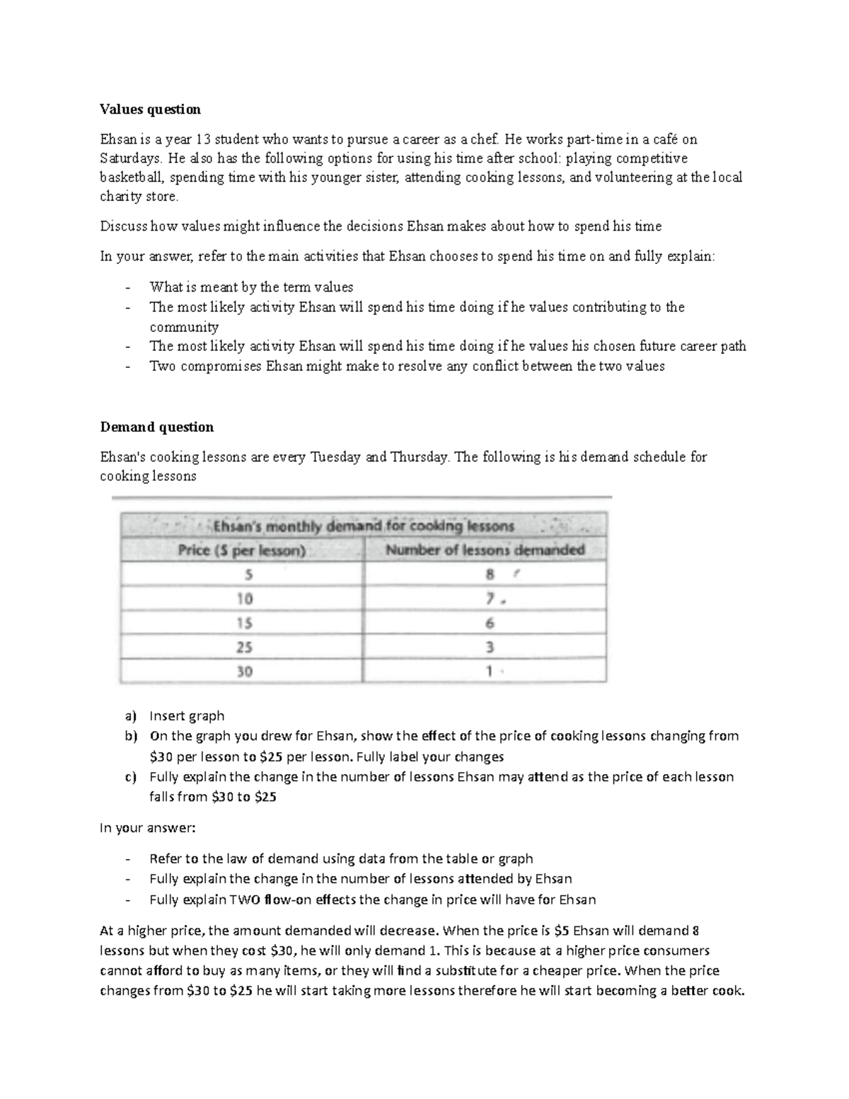 Economics-demand-exam questions- level 1 - Values question Ehsan is a ...