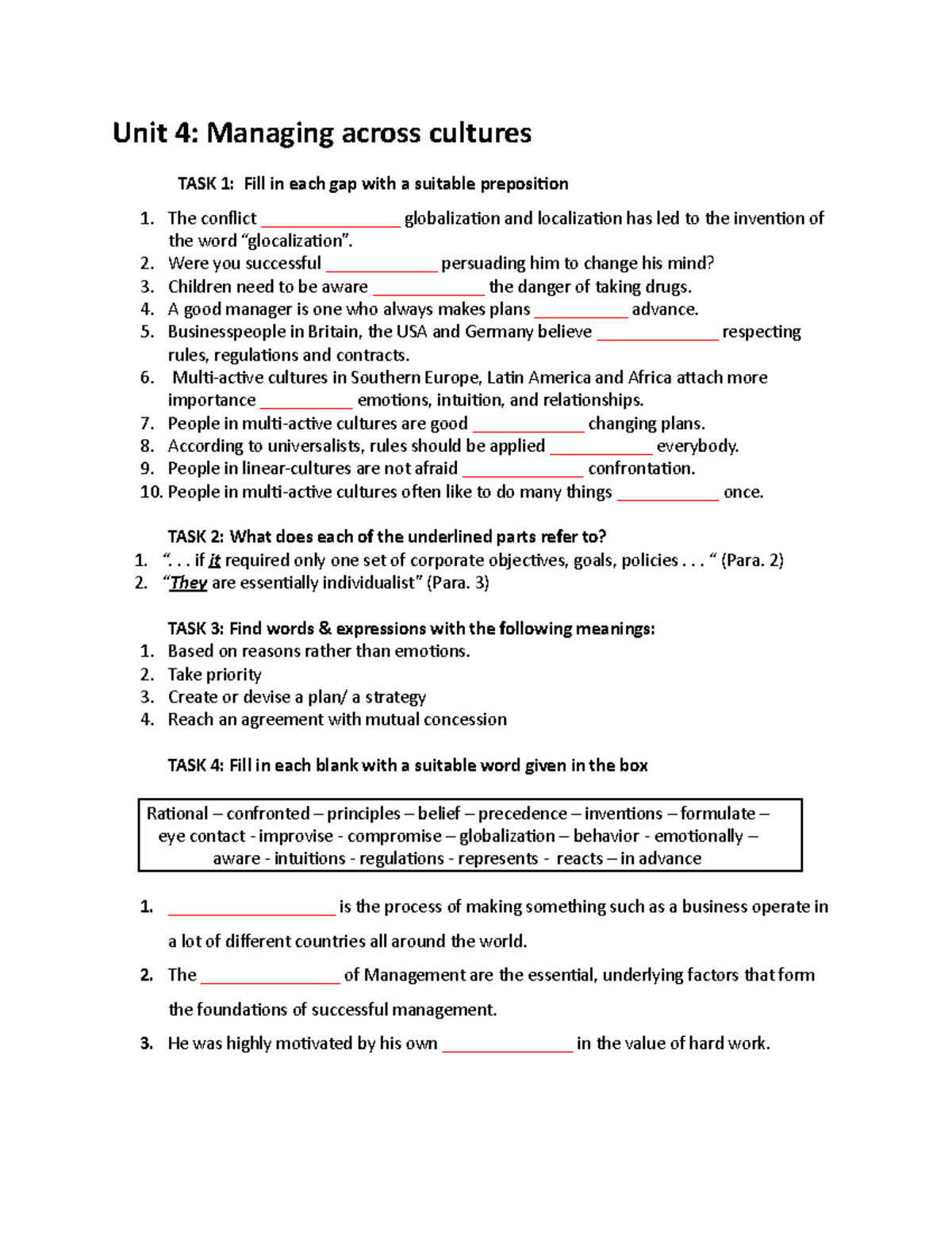 UNIT 4- Handout - ENGLISH - Unit 4: Managing across cultures TASK 1 ...
