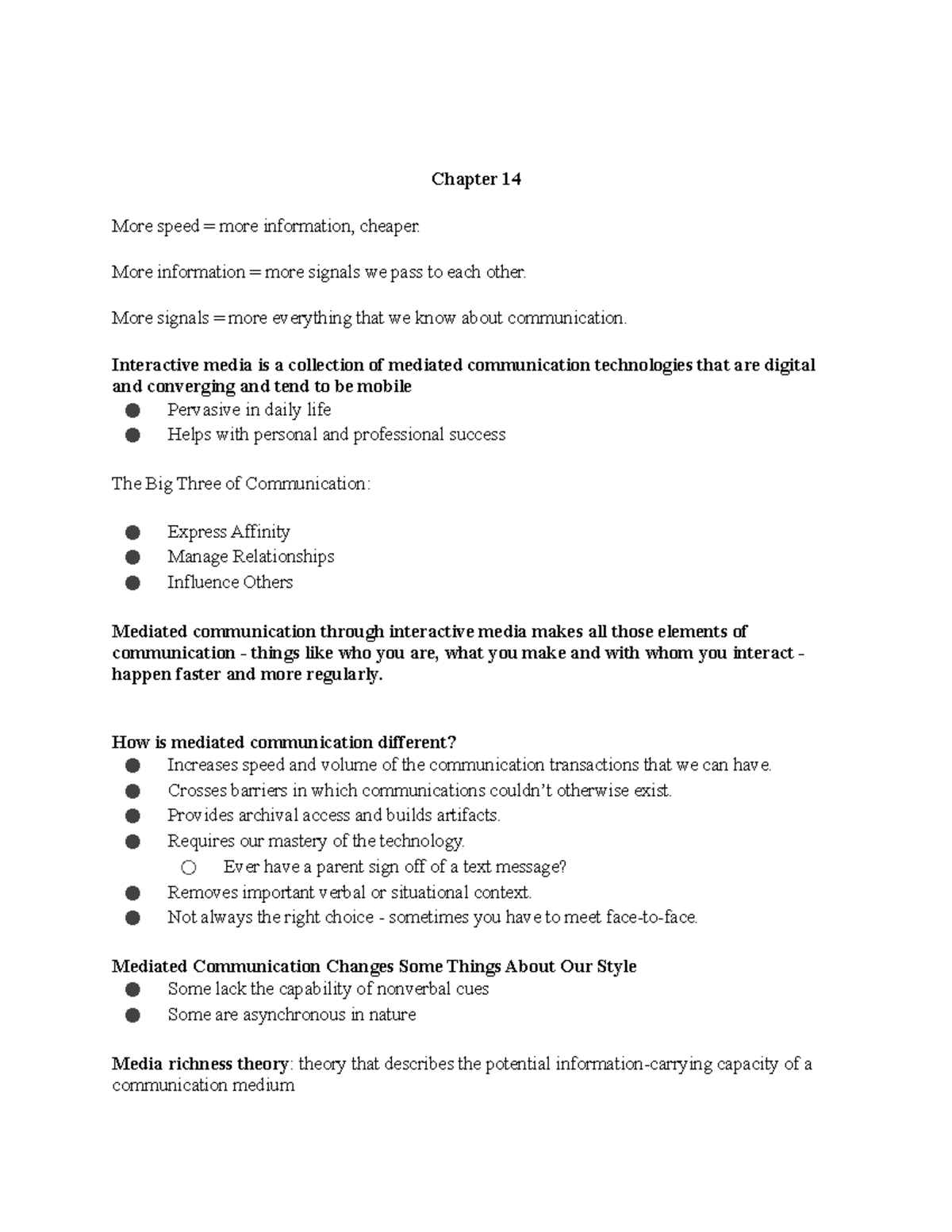 COMM100 Notes Chapters 14 - Chapter 14 More speed = more information ...
