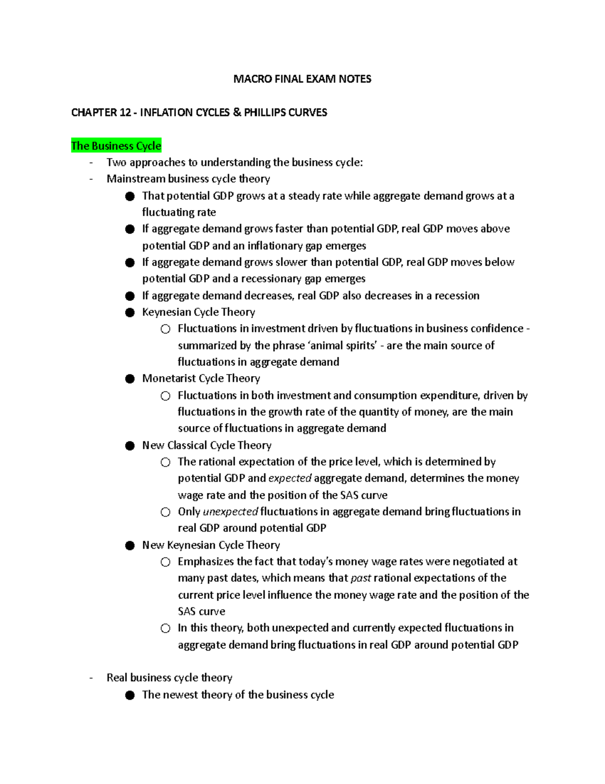 Macro Final Exam Notes - MACRO FINAL EXAM NOTES CHAPTER 12 - INFLATION ...