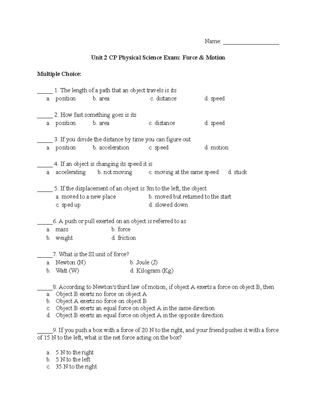 CP P.S. Exam 2023- Unit 2 Force & Motion - Name ...