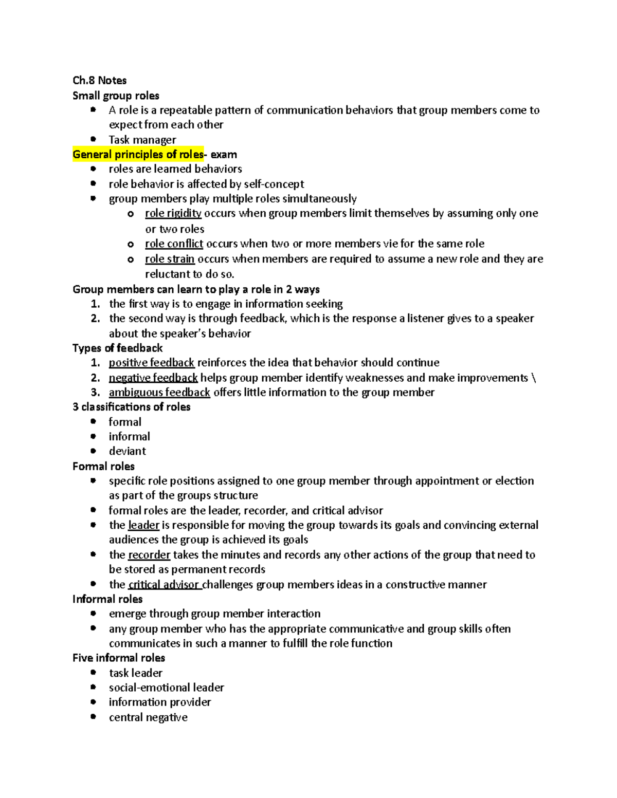 Ch.8 notes - Dr. Joshua Westwick - Ch Notes Small group roles A role is ...