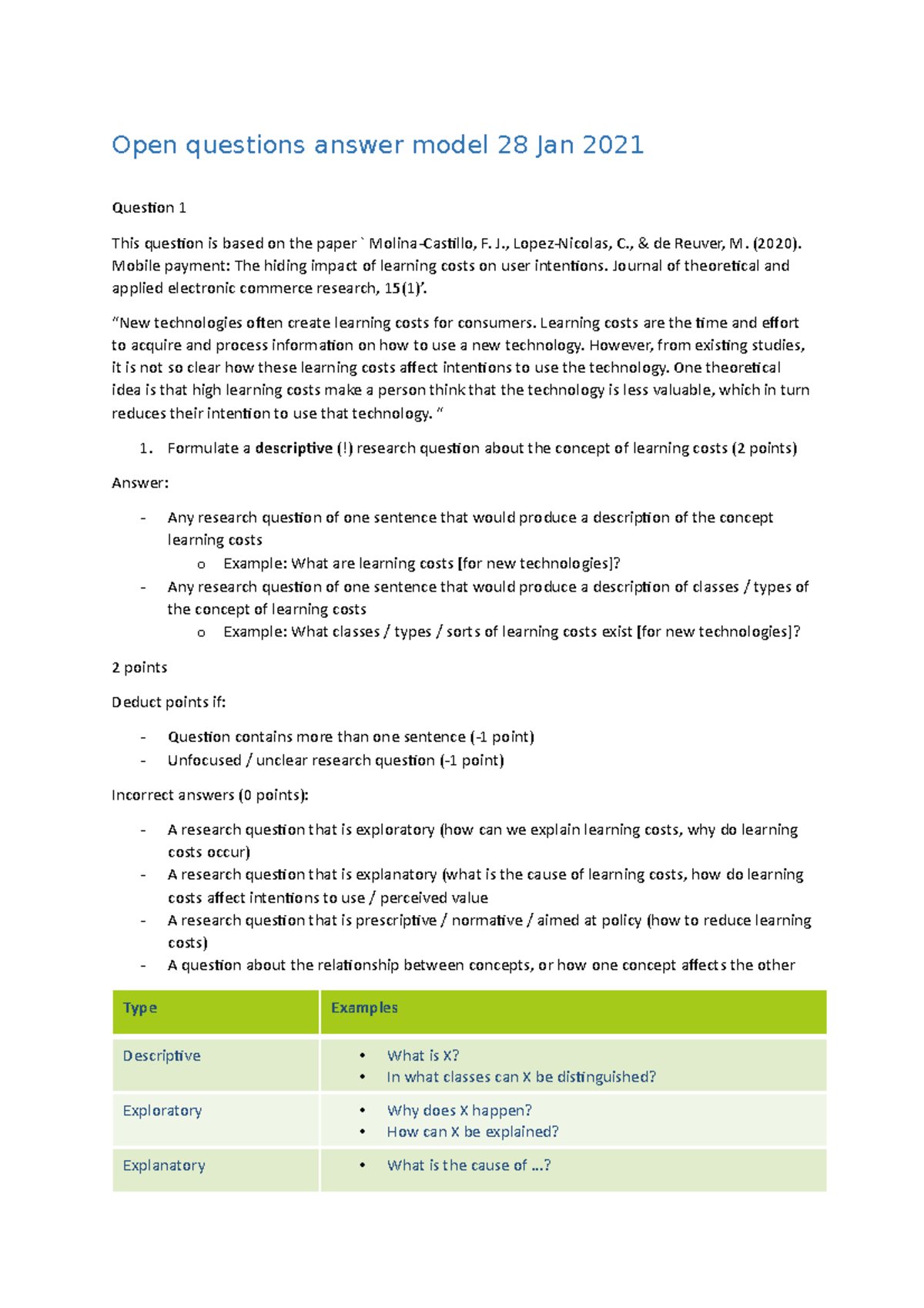 Answer model open questions 1-4 - Open questions answer model 28 Jan ...