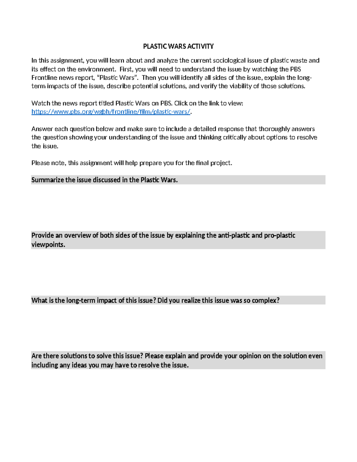 Plastic Wars Activity Sheet - PLASTIC WARS ACTIVITY In this assignment ...