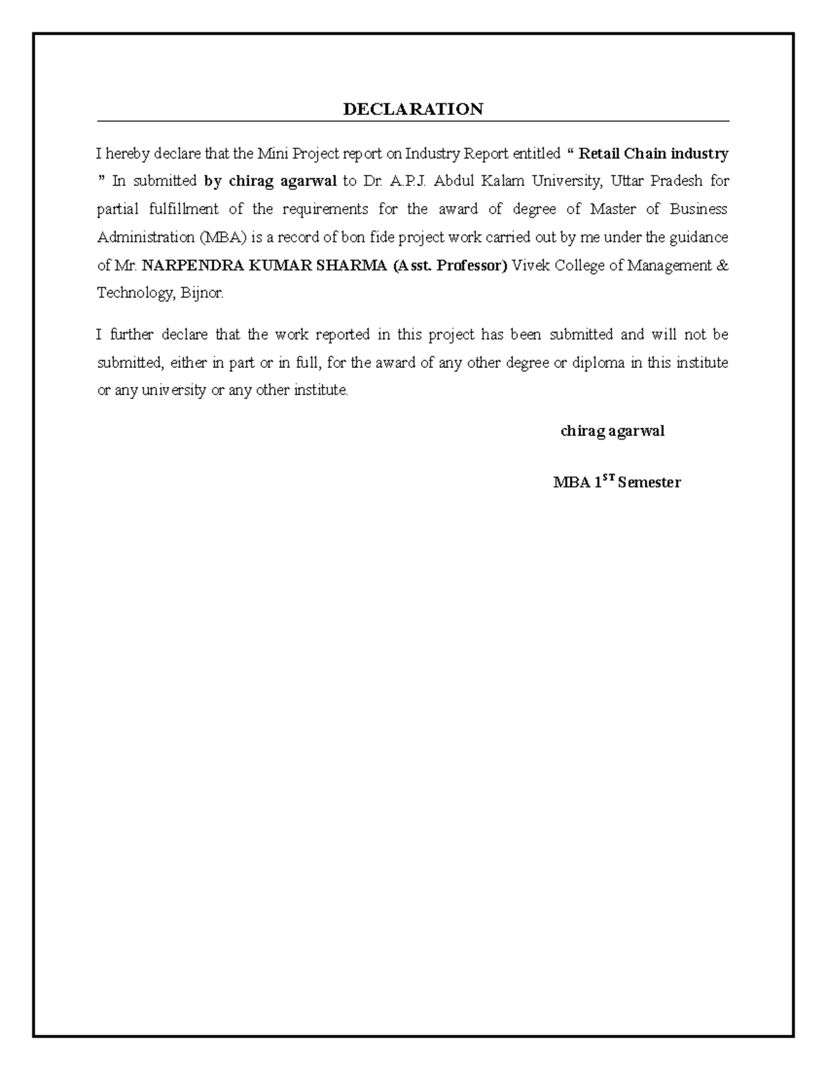 Mini project on retail industry - DECLARATION I hereby declare that the ...