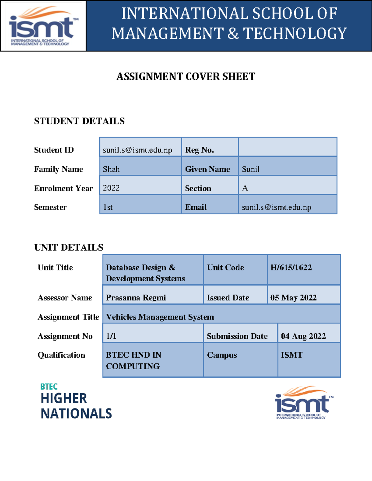 Database Assignment Sunil Shah Database Design And Development System Assignment Cover Sheet