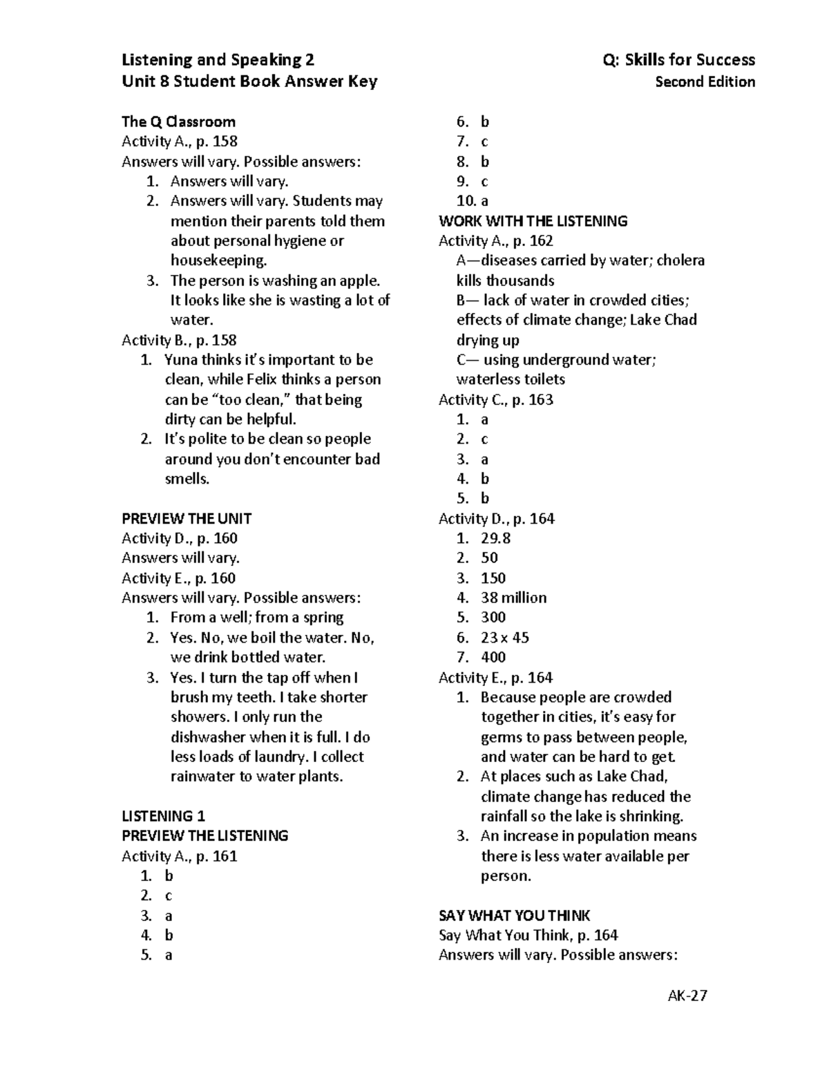 LS u 8 1 - good for you - Unit 8 Student Book Answer Key Second Edition ...