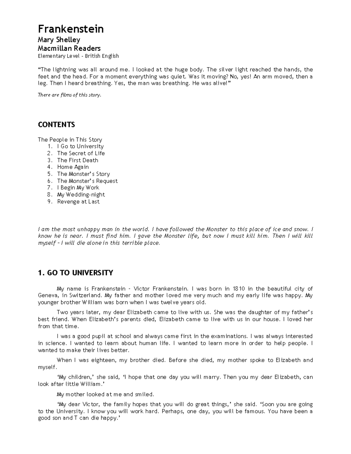 Frankenstein - I have worked with this material at secondary school ...