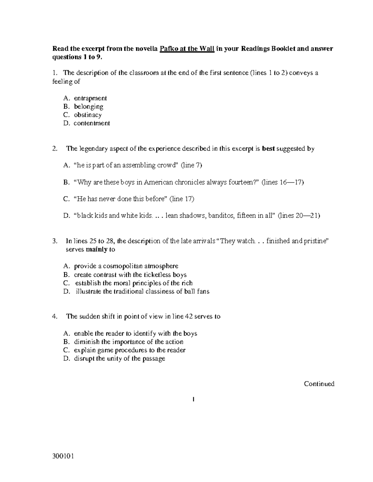 Reading comp questions - Read the excerpt from the novella Pafko at the ...