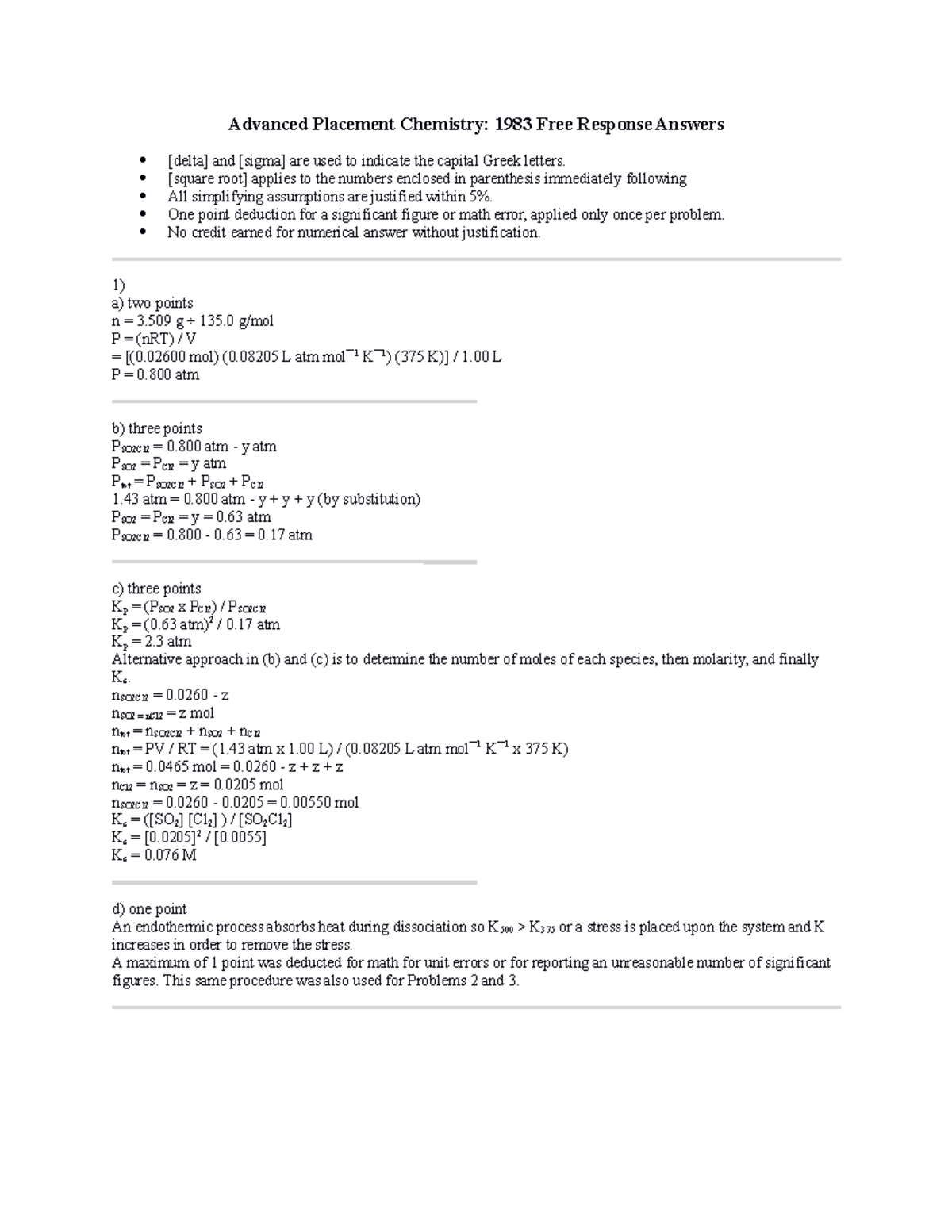 Answers 1983 Free Response - Advanced Placement Chemistry: 1983 Free ...