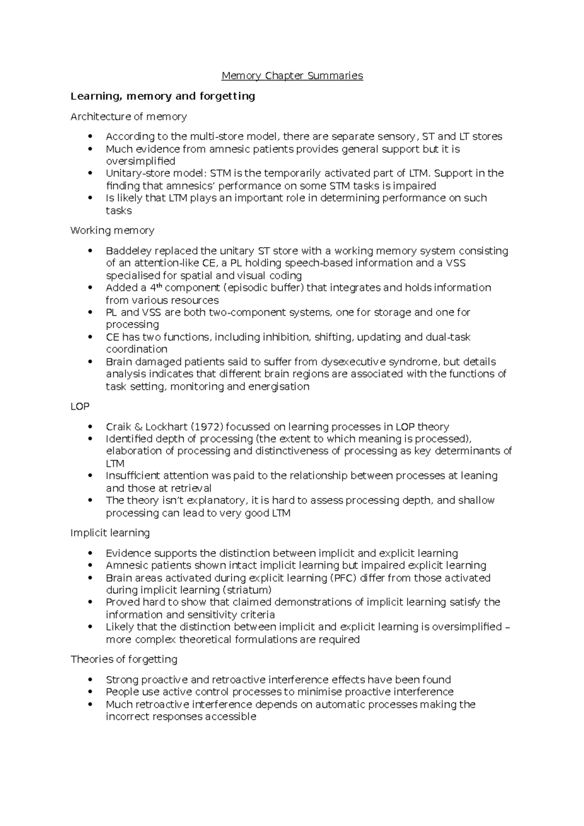 Cognitive psychology - Summary of Memory - Memory Chapter Summaries ...