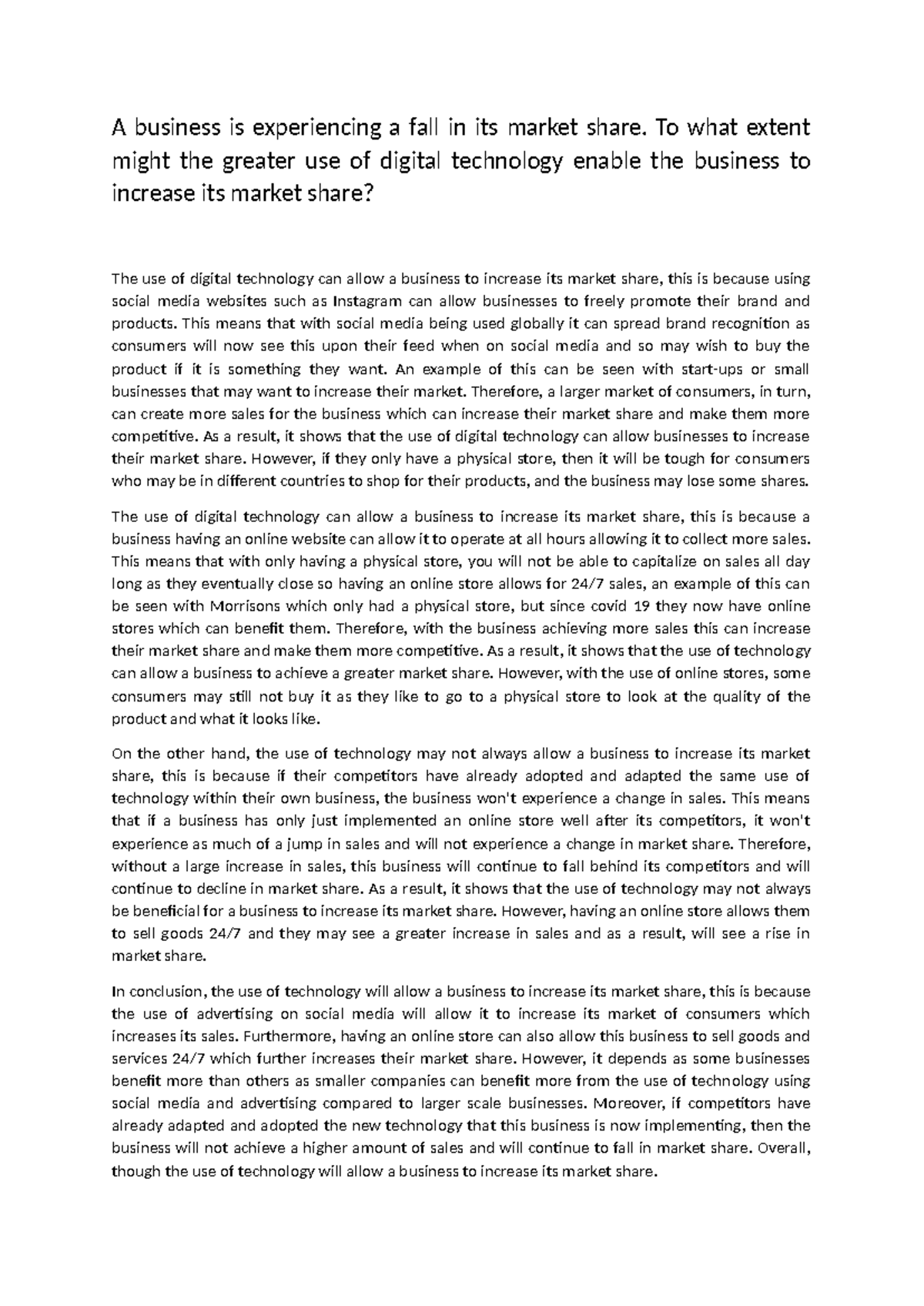 Homework Task for Business - A business is experiencing a fall in its ...