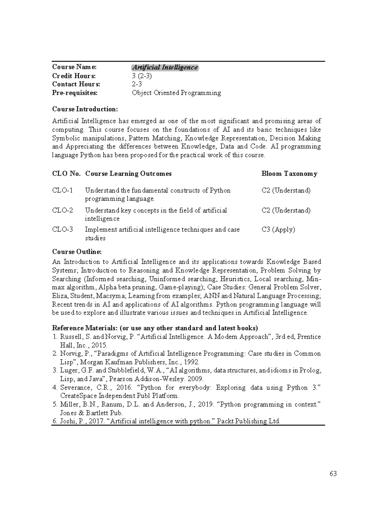 Course Outline AI - 63 Course Name: Artificial Intelligence Credit ...
